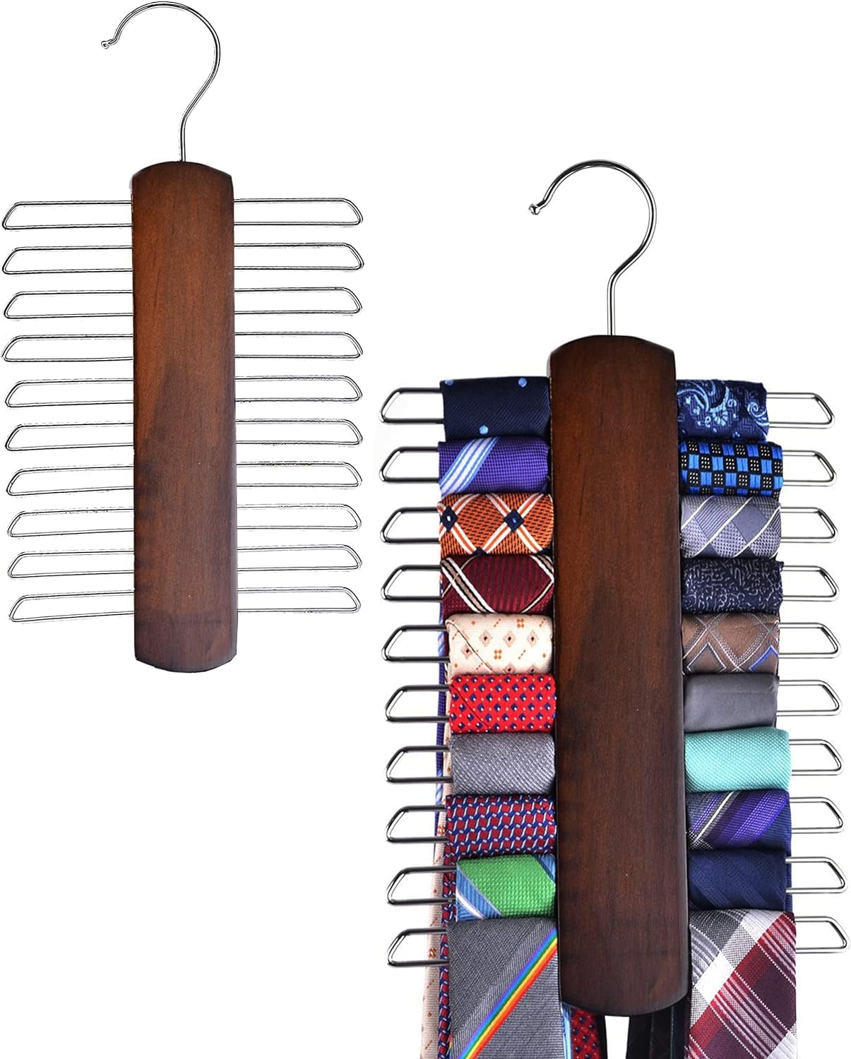 2 Pack Rotating Twirl Tie Rack, Premium Wooden Necktie and Belt Hanger ...