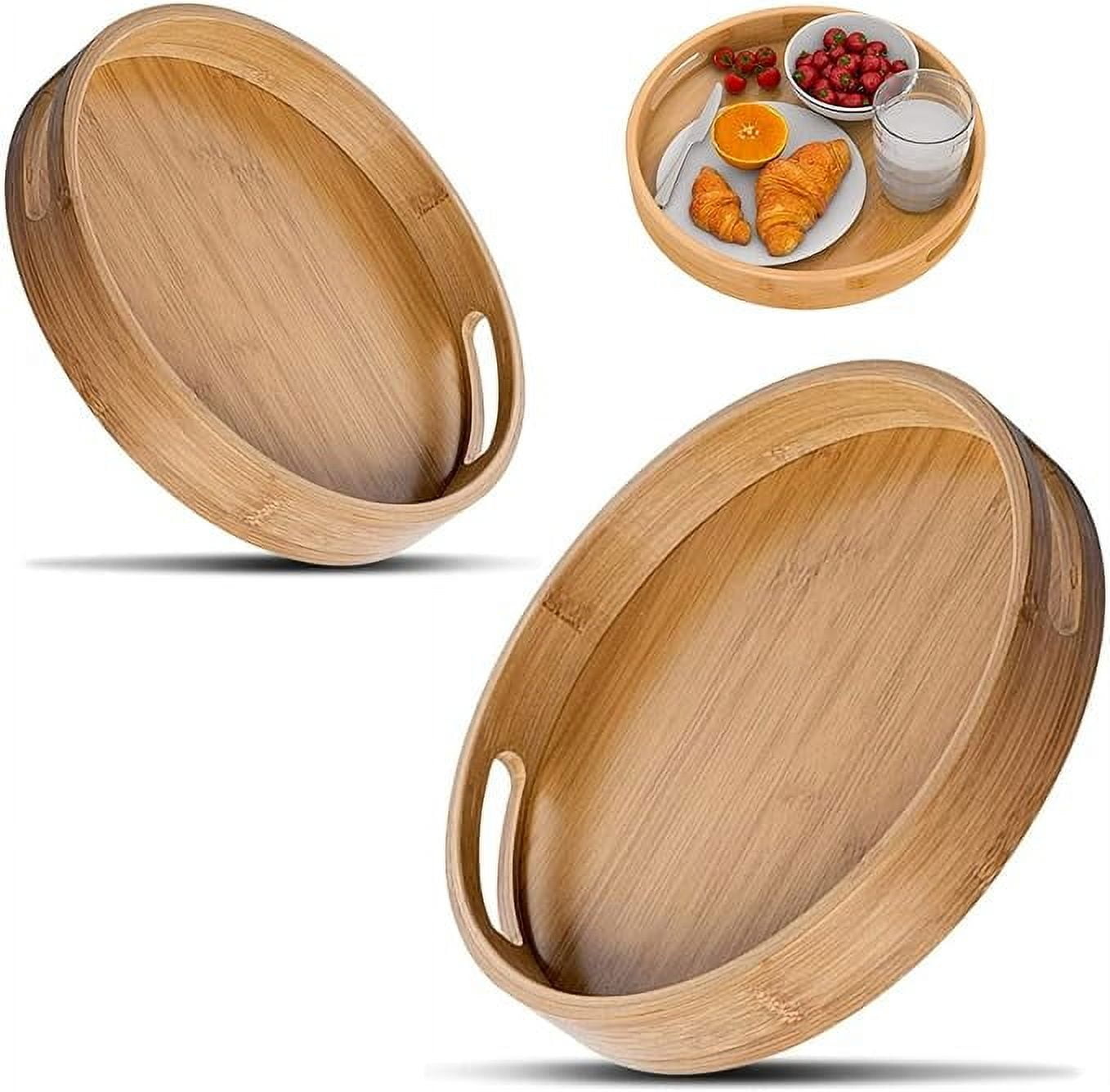 2 Pack Round Bamboo Tray, 12" & 14" Round Serving Tray with Handles ...