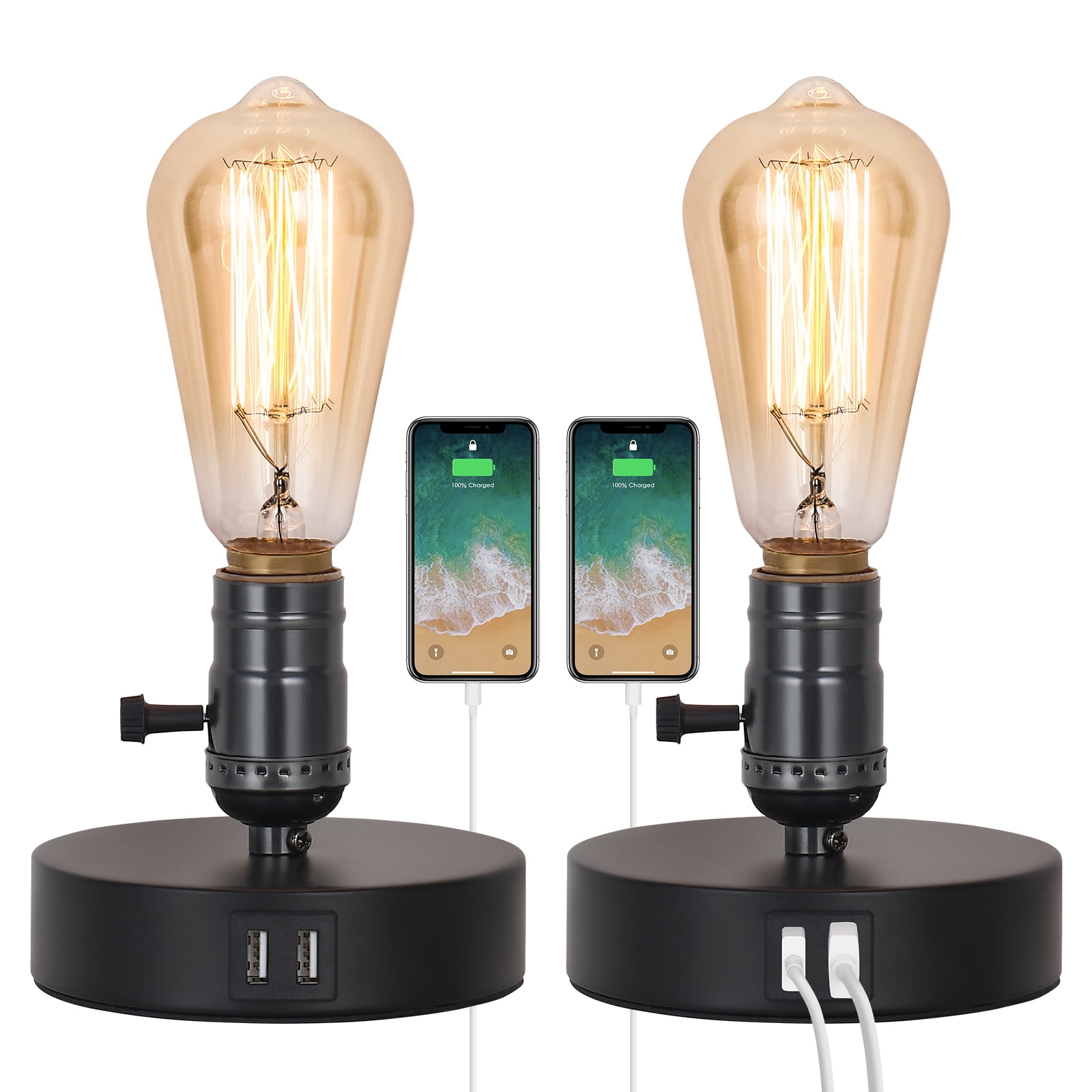 2-Pack Round Base Table Lamps - Black with Dual USB Charging Ports ...