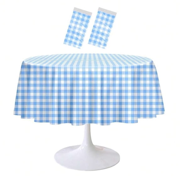 2 Pack Round Blue Gingham Plastic Tablecloth 84 Inch Disposable Cover ...