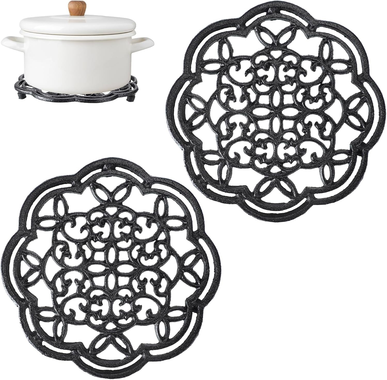 2 Pack Round Cast Iron Trivet with Rubber Feet for Hot Dishes, Heat ...