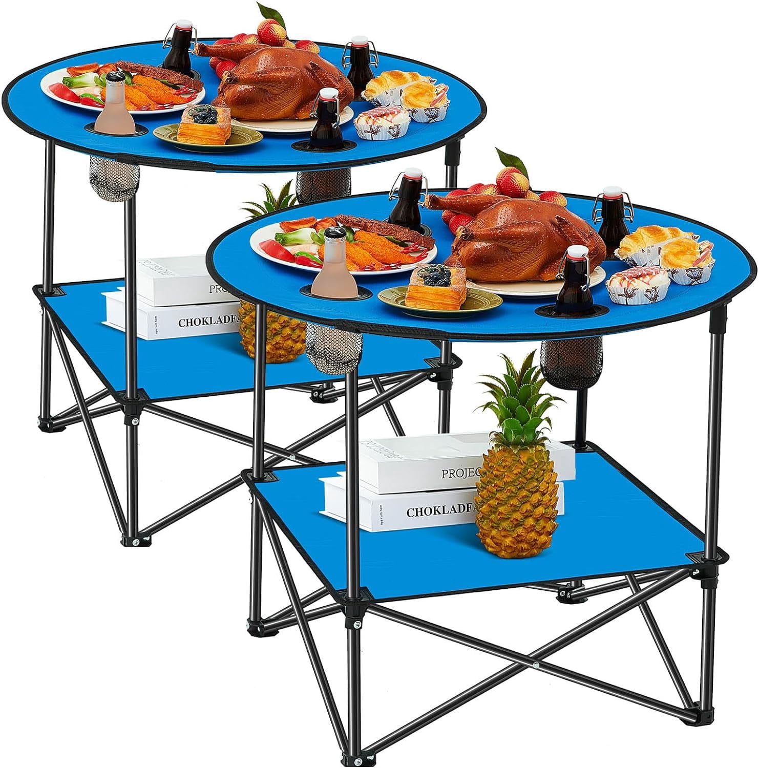 "2-Pack Round Folding Camping Tables - Portable 2-Tier Design with 4 ...
