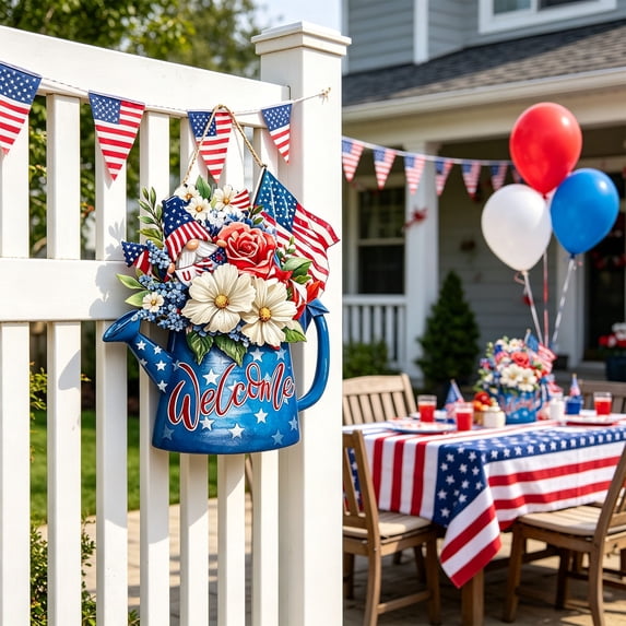 2 Pack Round Star Stripe Wooden Independence Day Welcome Sign Pendants ...