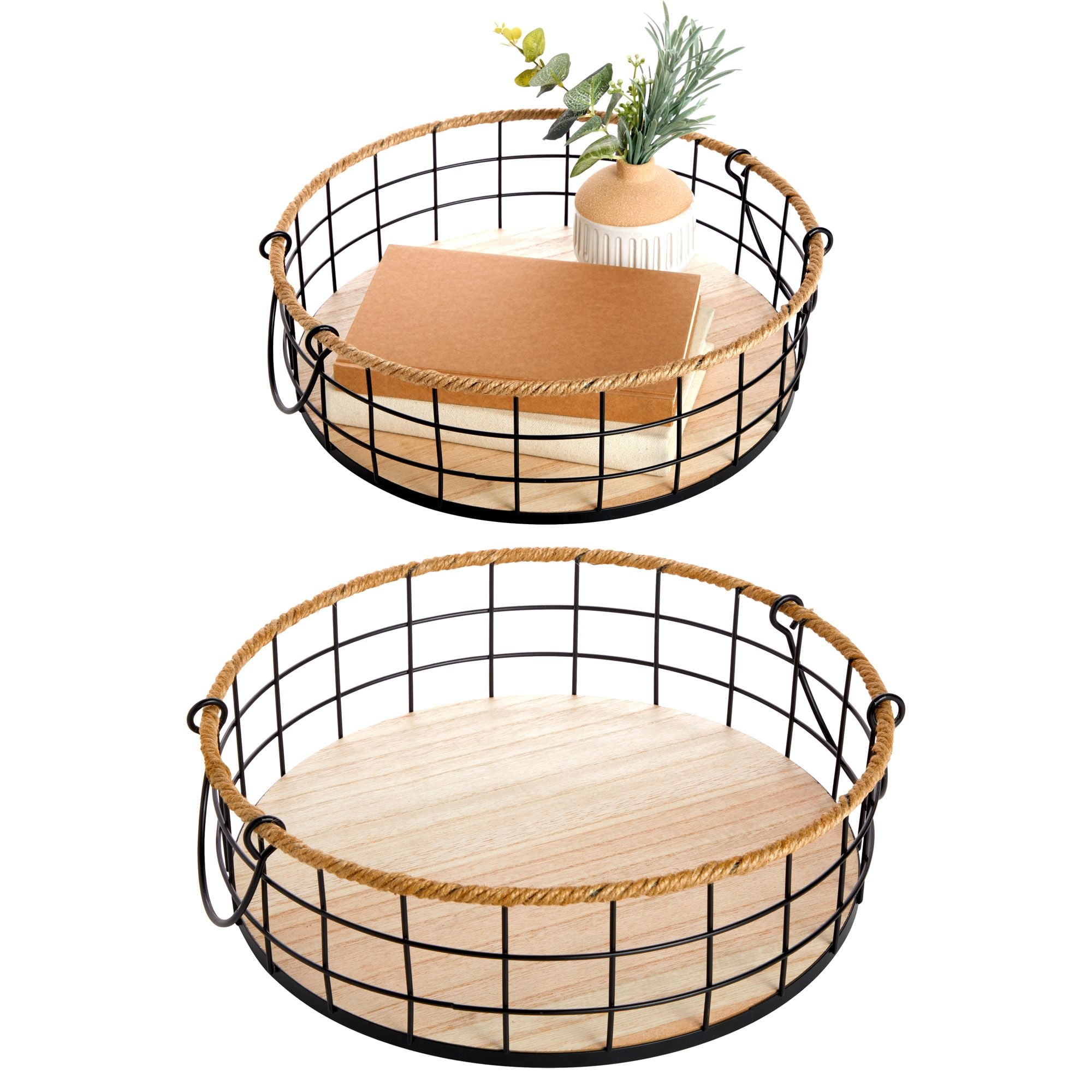 2 Pack Round Wire Baskets with Handles, Metal Storage Trays for Home ...