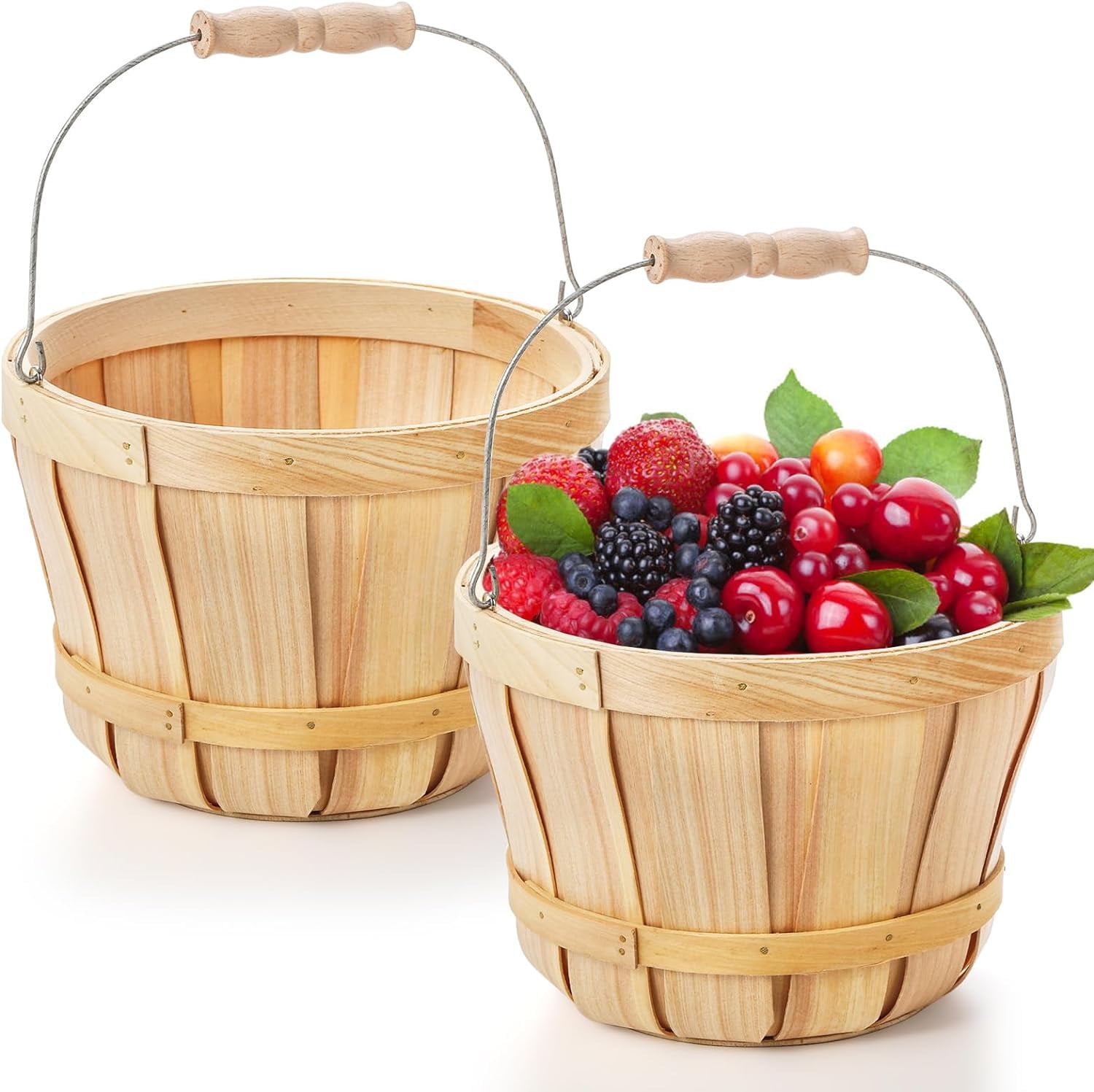 2 Pack Round Wooden Baskets with Handle, Empty Wood Fruit Buckets ...