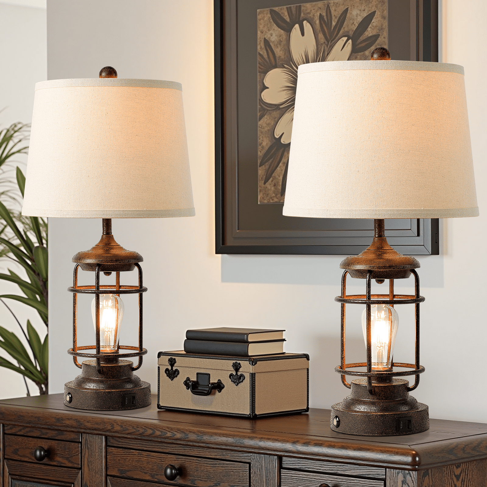 2 Pack Rustic Farmhouse Table Lamps With 4 LED Bulbs, 2 Lights- 9W ...