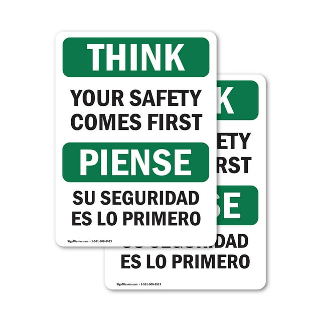 (2 Pack) Your Safety Comes First Bilingual OSHA Think Sign 5 Inch X 7 ...