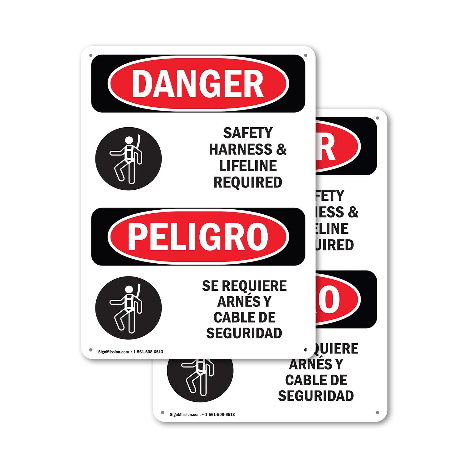 (2 Pack) Safety Harness And Lifeline Required Bilingual OSHA Danger ...