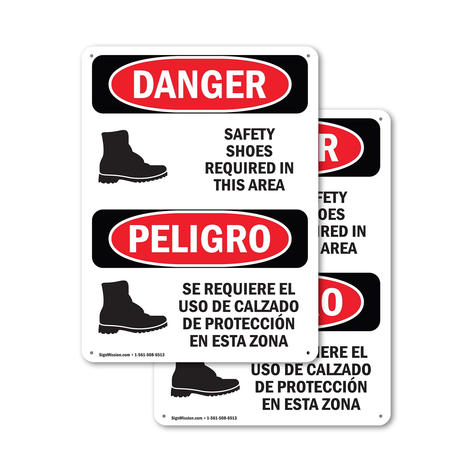 (2 Pack) Safety Shoes Required Area Symbol Bilingual OSHA Danger Sign ...