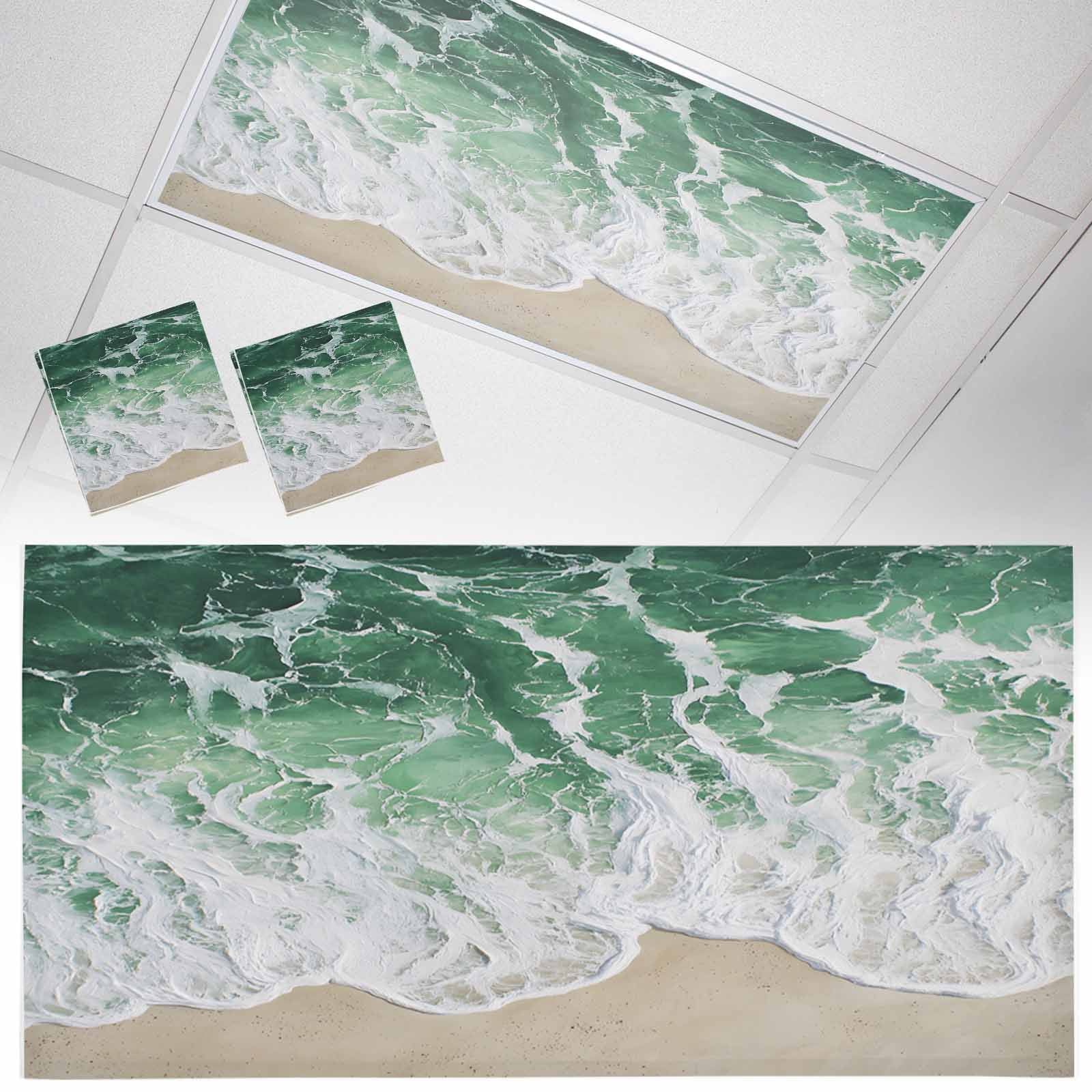 2 Pack Sage Green Fluorescent Light Covers for Ceiling Lights Ocean Wave Coastal Beach Seaside ...