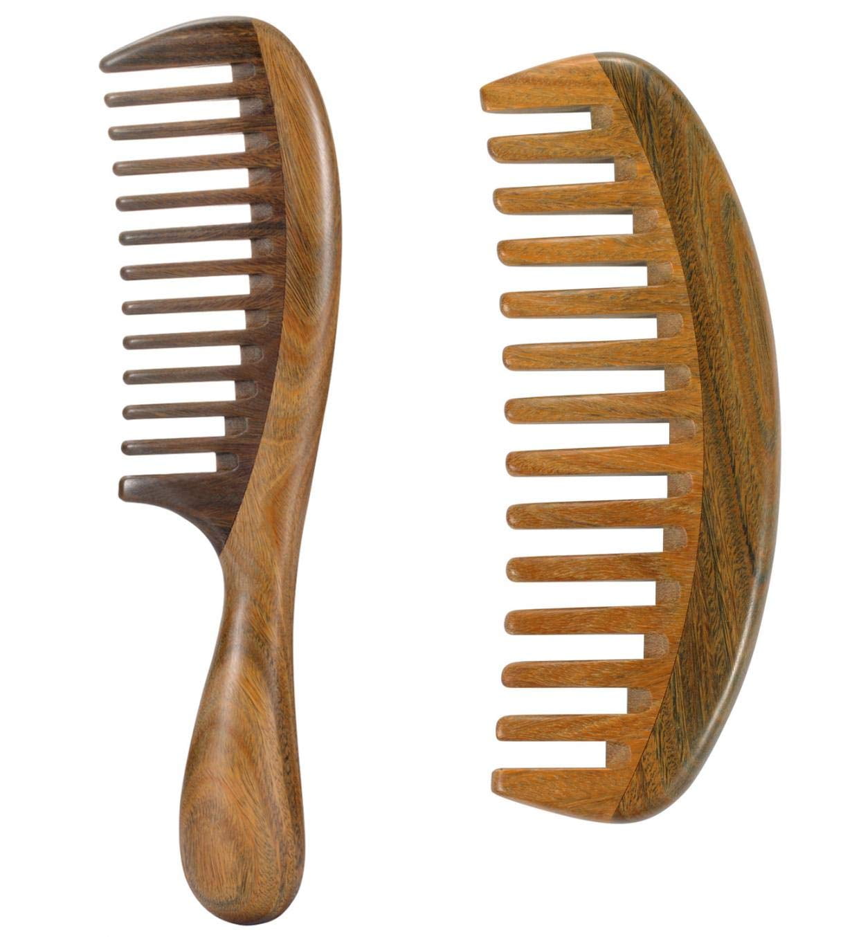 2 Pack Sandalwood Wide Tooth Combs for Curly Hair, Wooden Detangling Comb with Handle and Moon ...