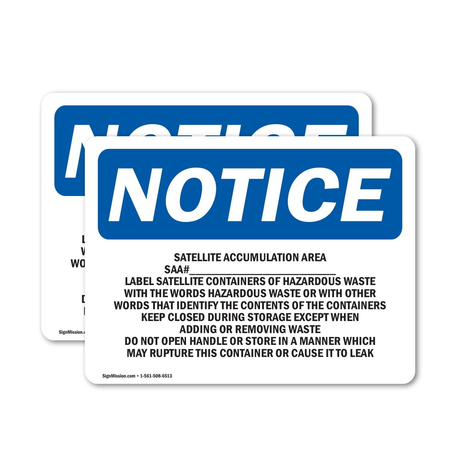 (2 Pack) Satellite Accumulation Area SAA# ____ Label OSHA Notice Sign ...