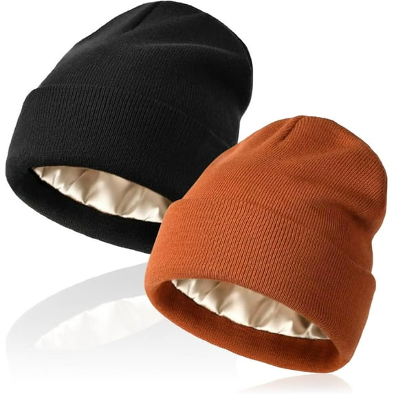 2 Pack Satin Lined Beanie for Women Silk Lining Soft Winter Hats Reduce Frizz Knit Beanies ...