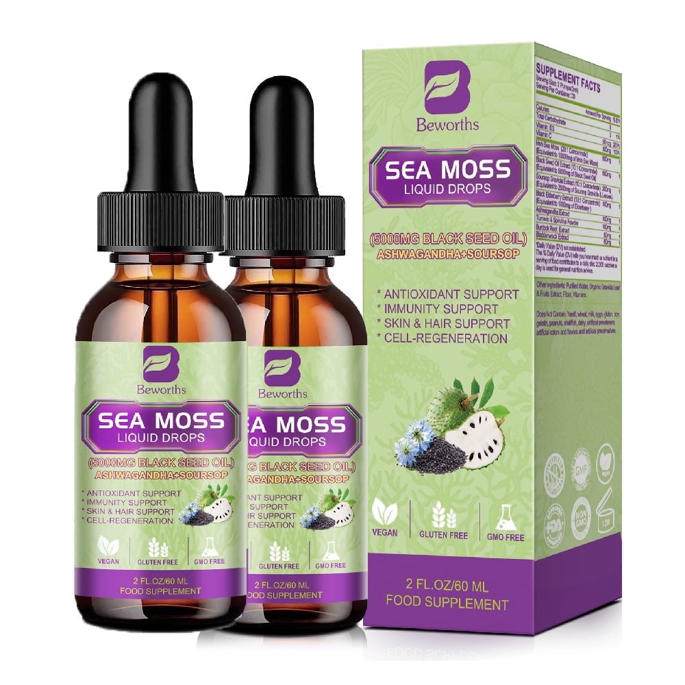 (2 Pack)Sea Moss Liquid Drops - Irish Sea Moss Black Seed Oil with ...