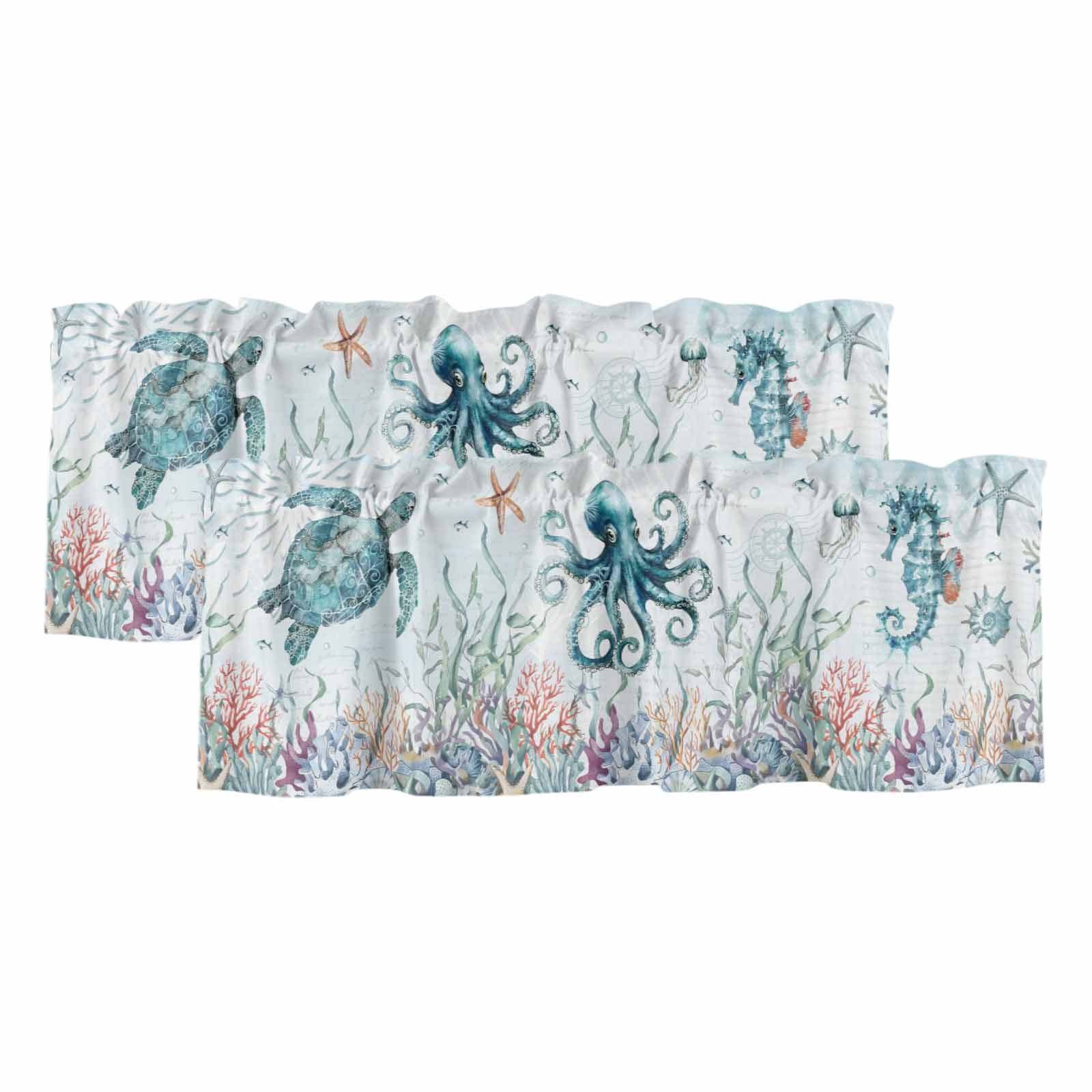 2 Pack Sea Turtle Valance for Window Marine Life Coral Shell Starfish ...