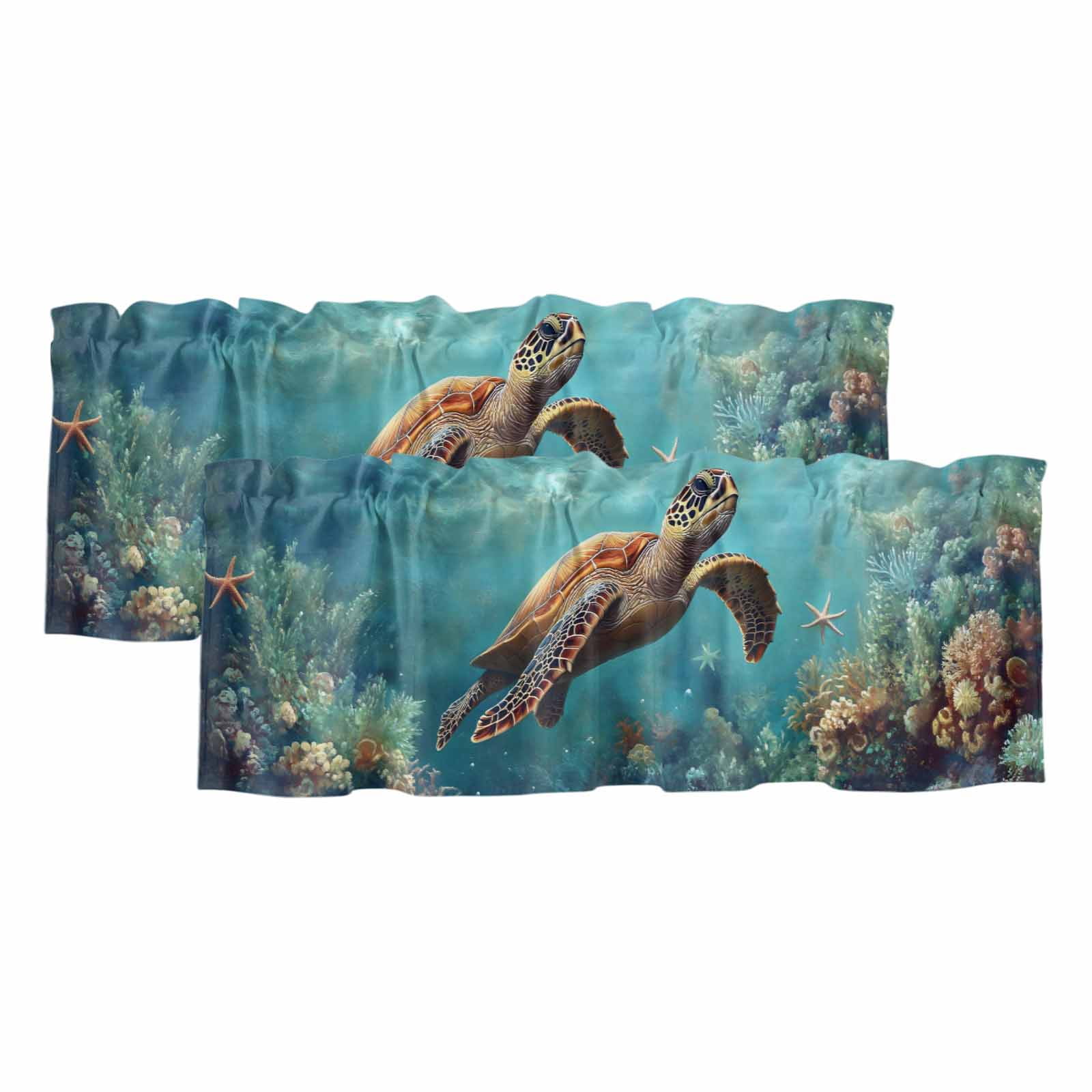 2 Pack Sea Turtle Valance for Window Nautical Turquoise Ocean Underwear Coral Retro Kitchen ...
