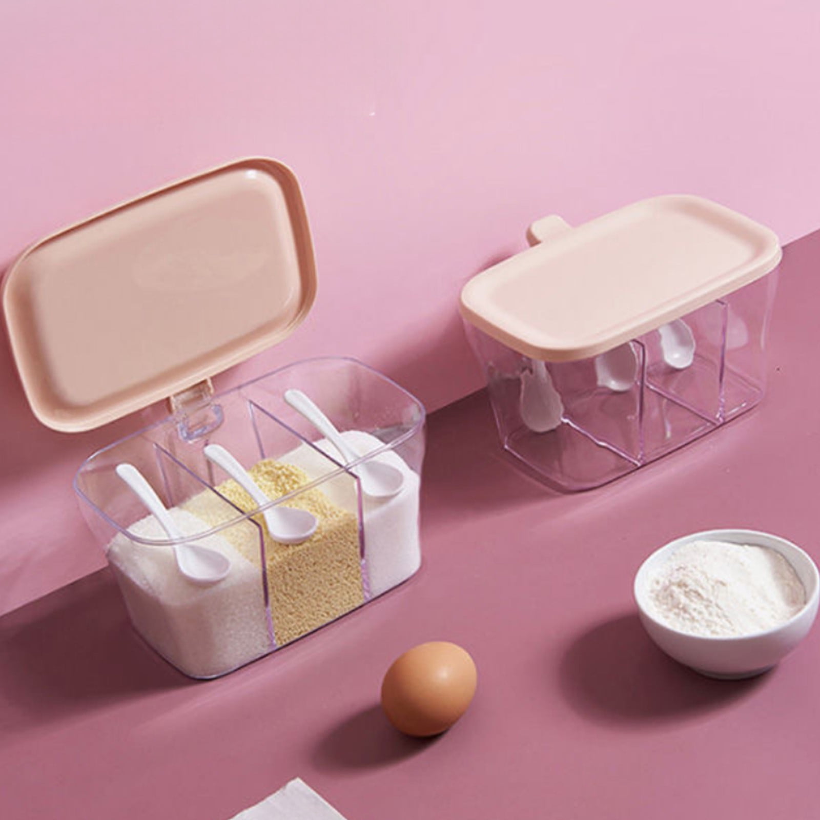 2 Pack Seasoning Box with Spoon 3 Compartments Multi-Grid Spice Storage ...