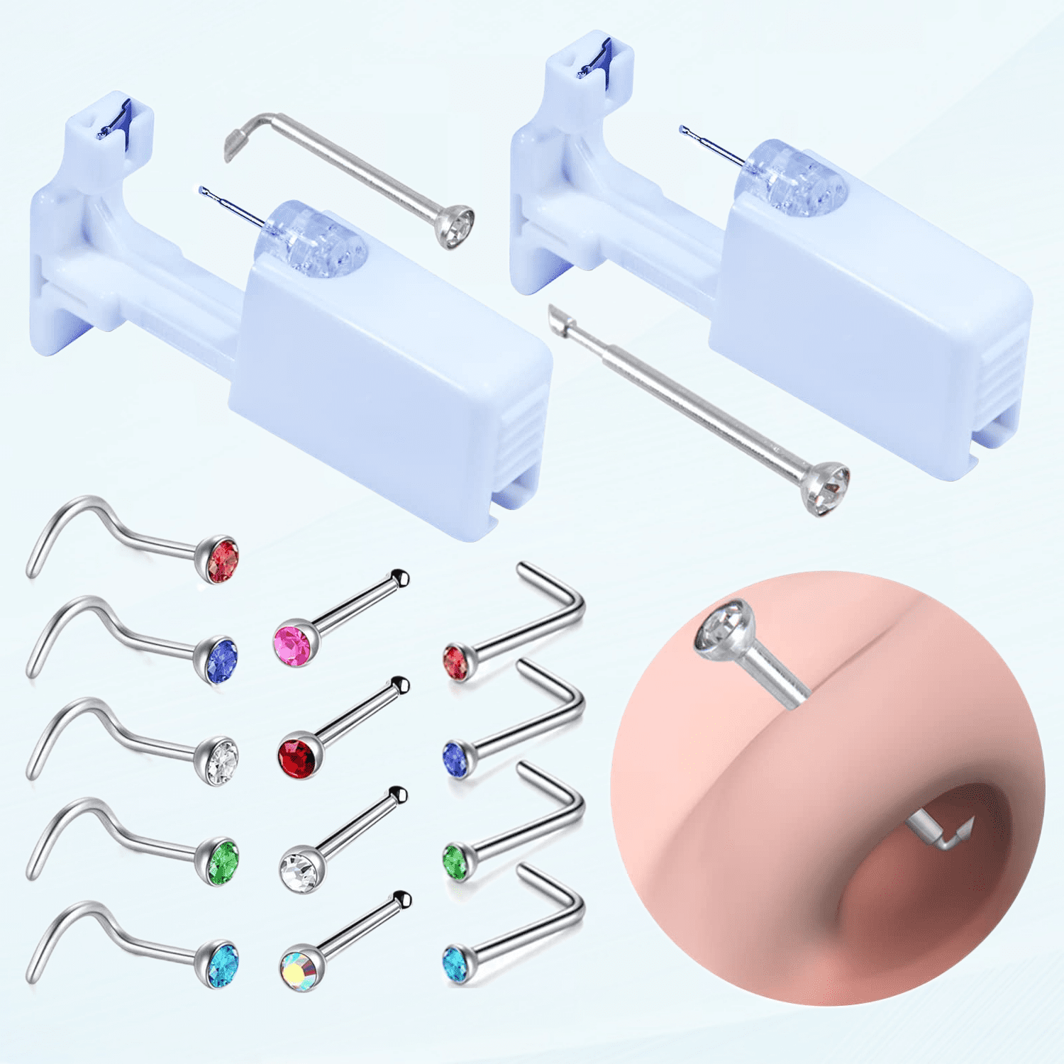 2 Pack Self Use Nose Piercing Gun Safe Nose Piercing Kit Tool Painless ...