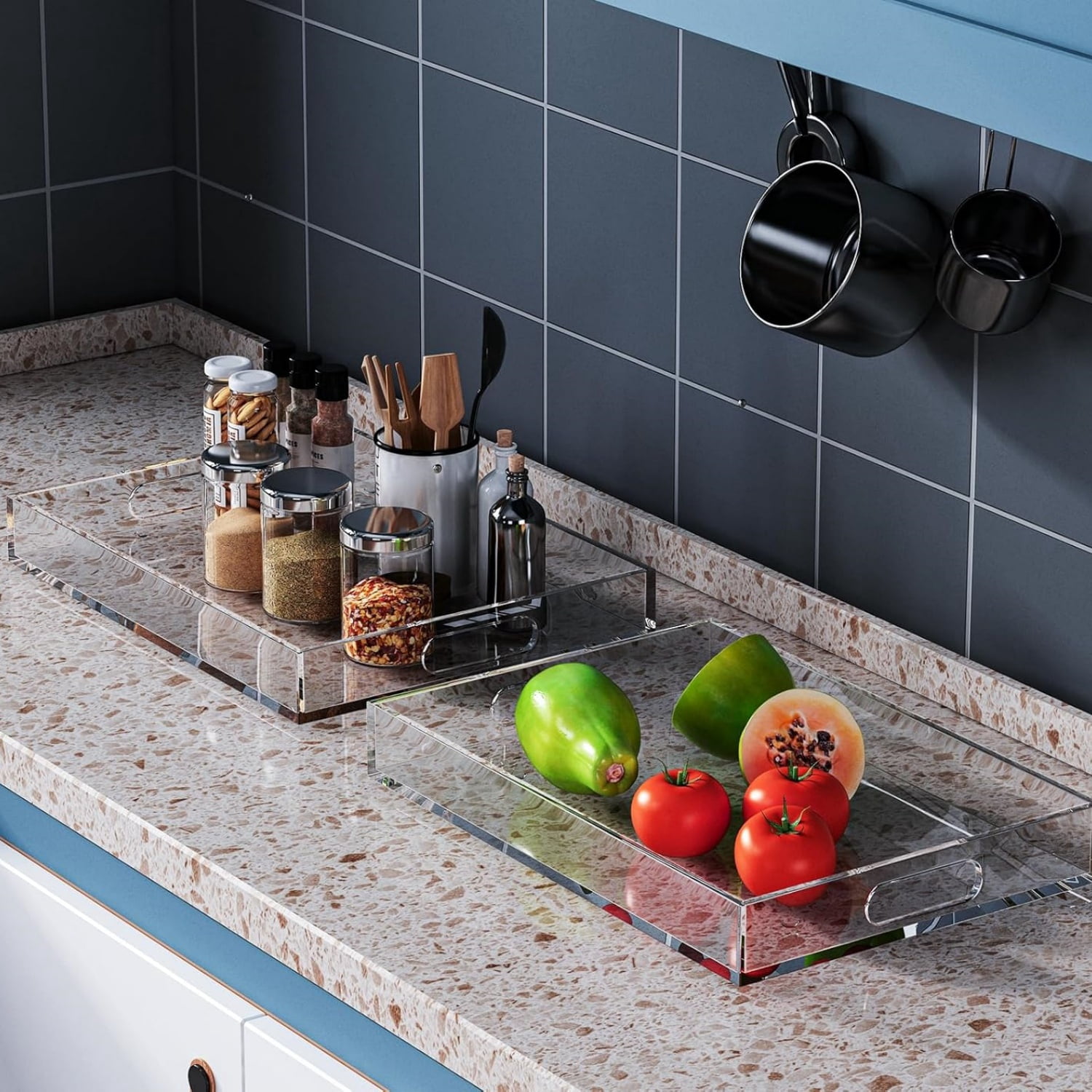 2 Pack Serving Tray with Handles, Clear Acrylic Tray for Serving Food ...