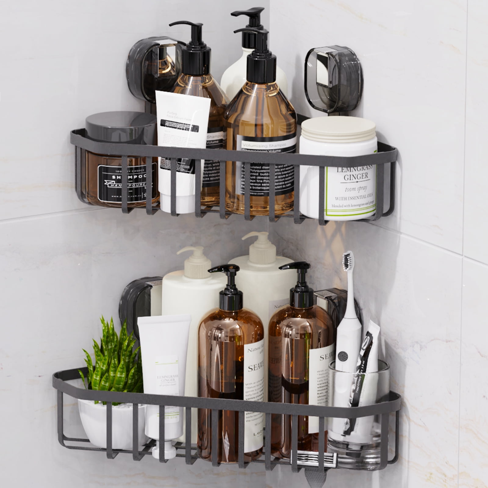 2-Pack Set Black Corner Shower Caddy Suction Cup, No-Drilling New Home ...