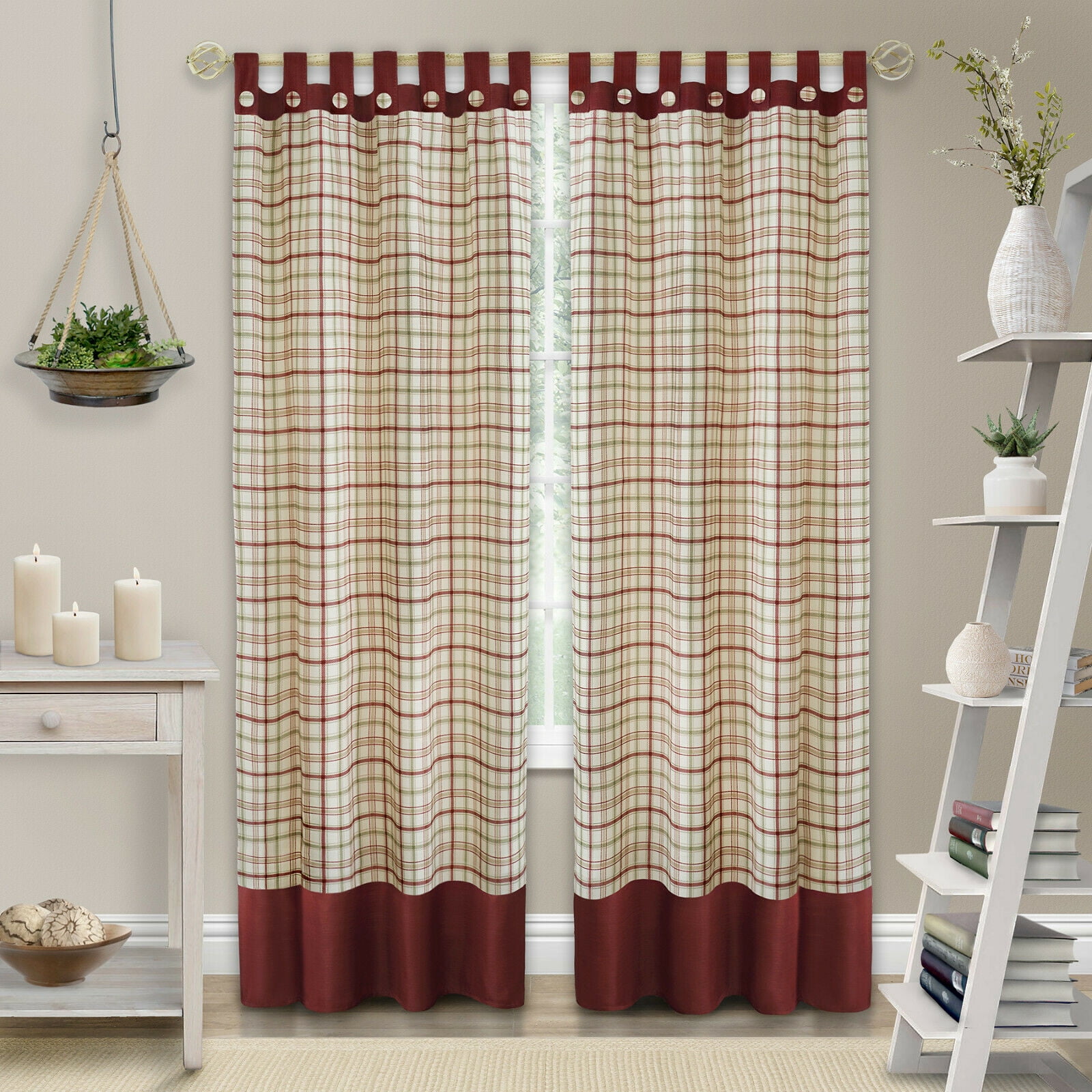 2 Pack: Shabby Farmhouse Plaid Tab Top Tattersall Window Curtains ...