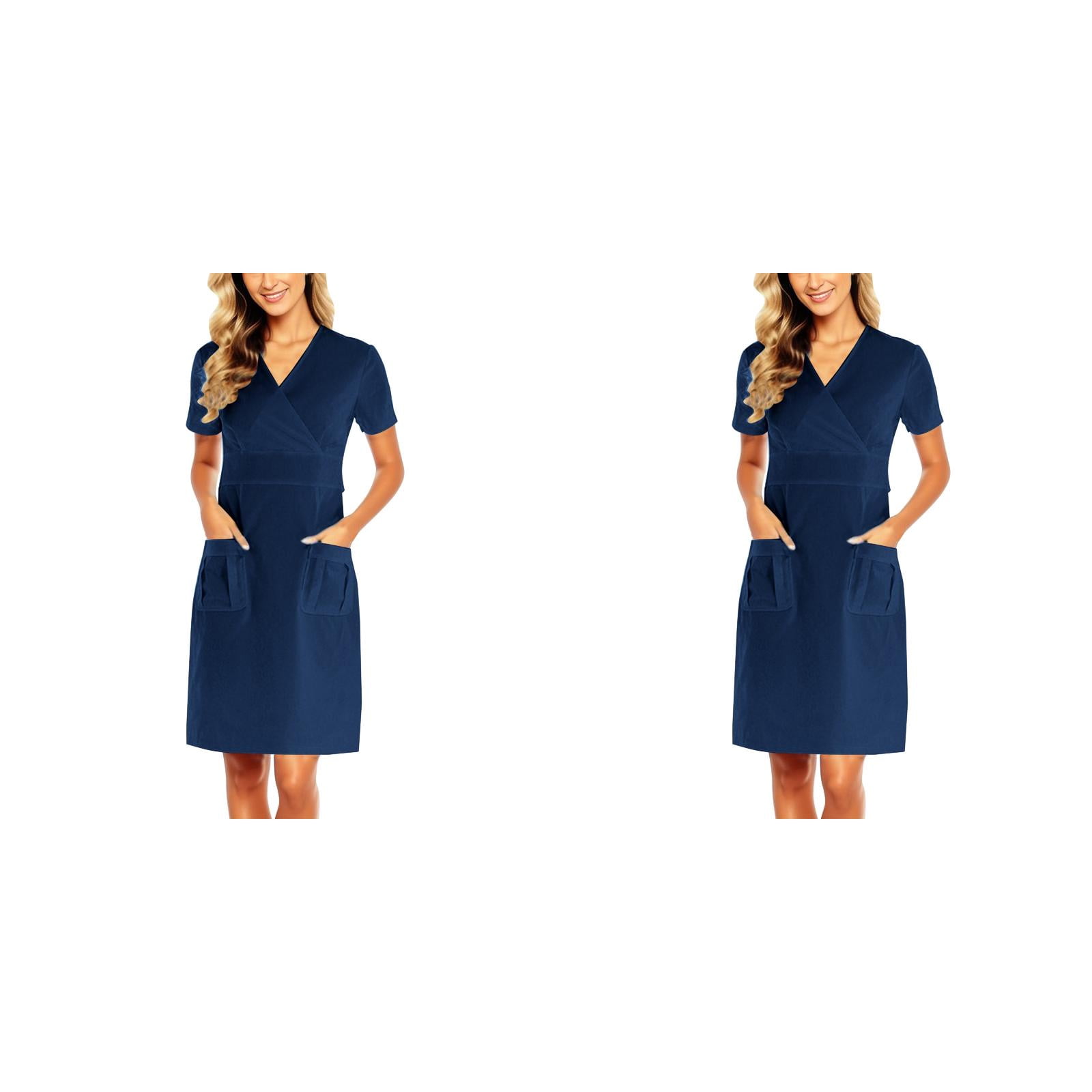 2 Pack Short Pocket Working Dress Women Dress Sleeve Solid V Neck Midi ...