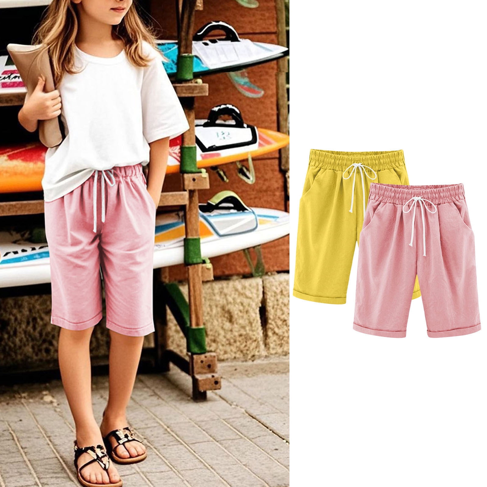 2 Pack Shorts for Girls Summer Casual Knee Length Bermuda Shorts Kids ...