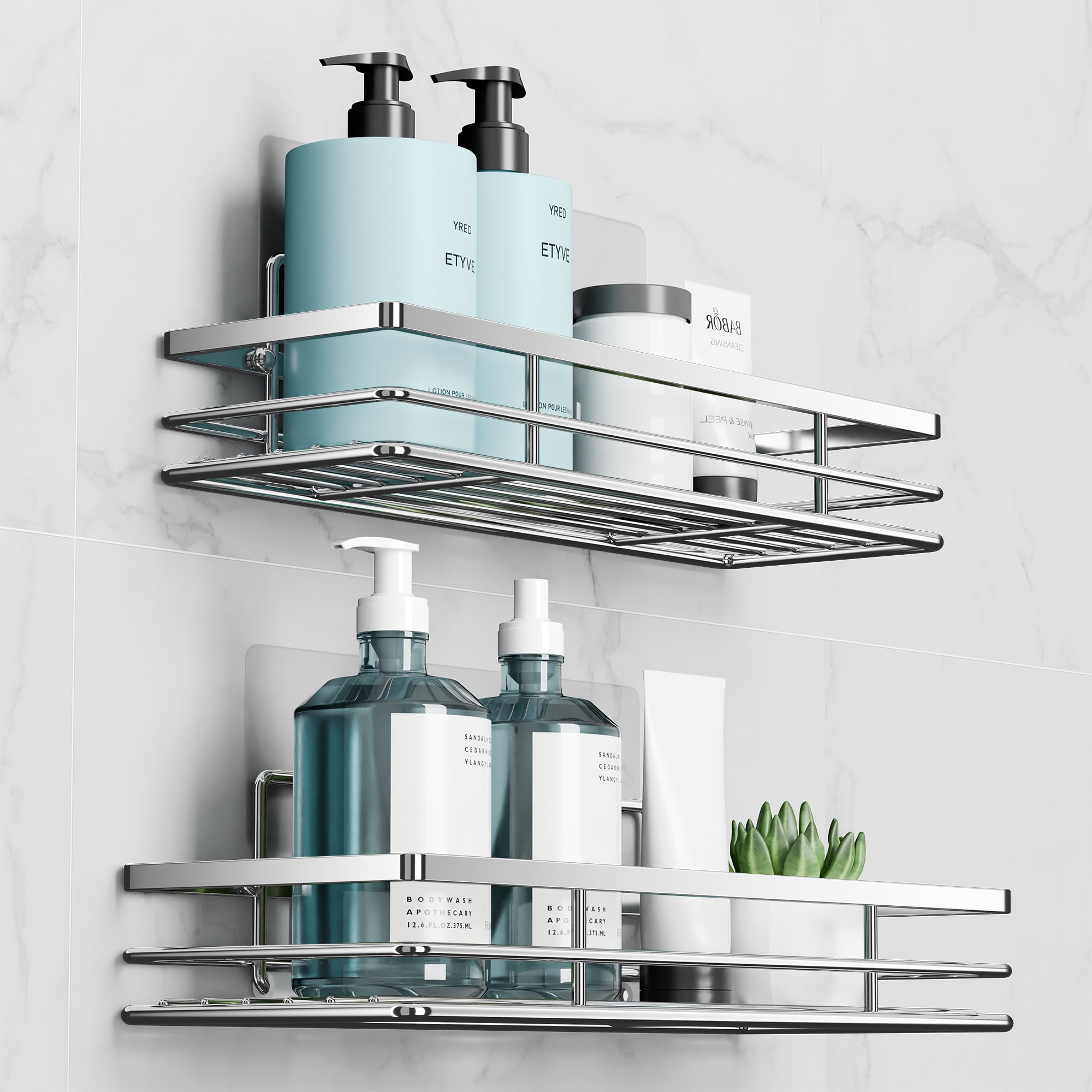 2 Pack Silver Shower Caddies, Wall-Mounted, No-Drilling, Rustproof ...