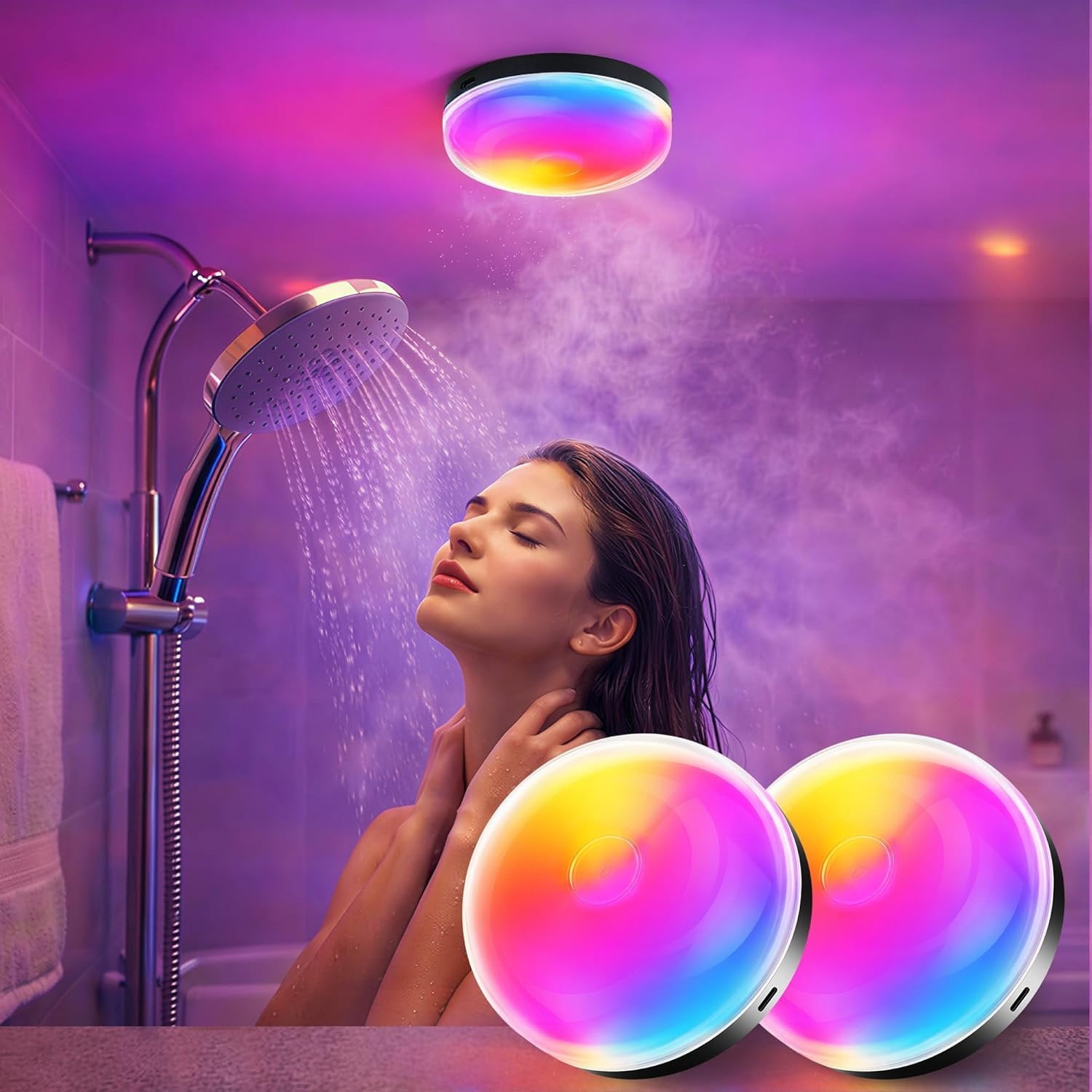 2 Pack Shower Lights, Rechargeable Dimmable Shower Lamp, 15 RGB Colors ...