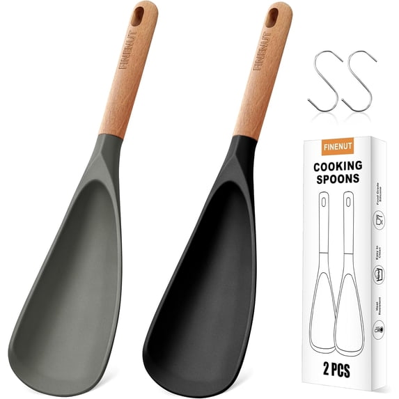 2-Pack Silicone Cooking Spoons with Wood Handle & S-Hooks - Heat ...