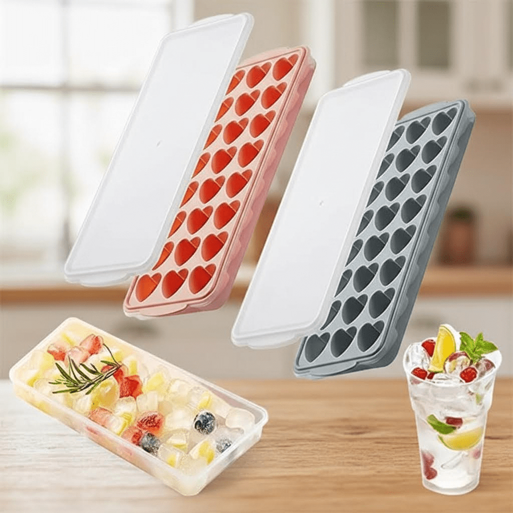 2-Pack Silicone Heart-Shaped Ice Cube Trays with Lid and Storage Bin ...