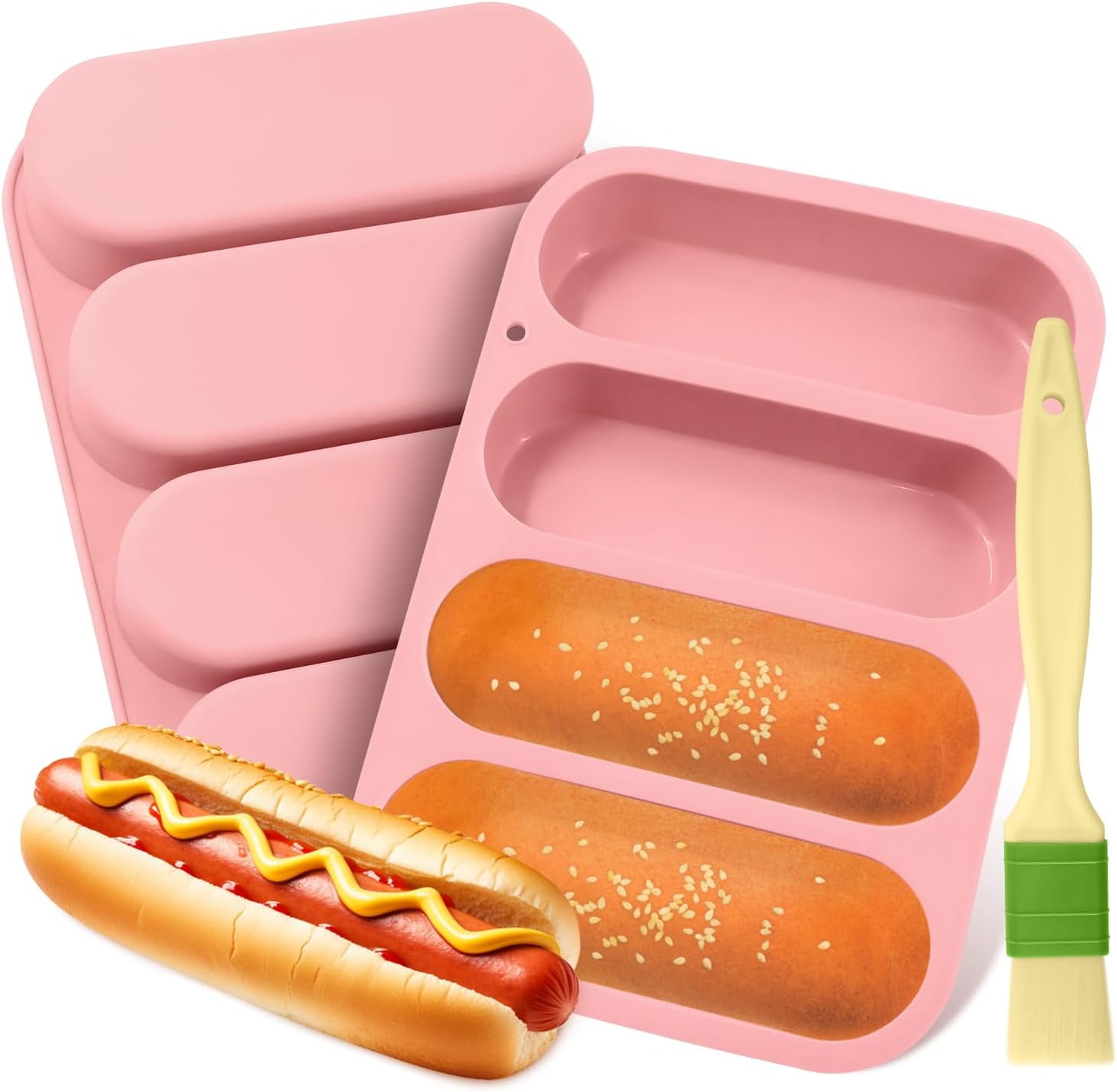 2 Pack Silicone Hot Dog Bun Pans, 6x9 Inch Non-Stick Baking Mold ...