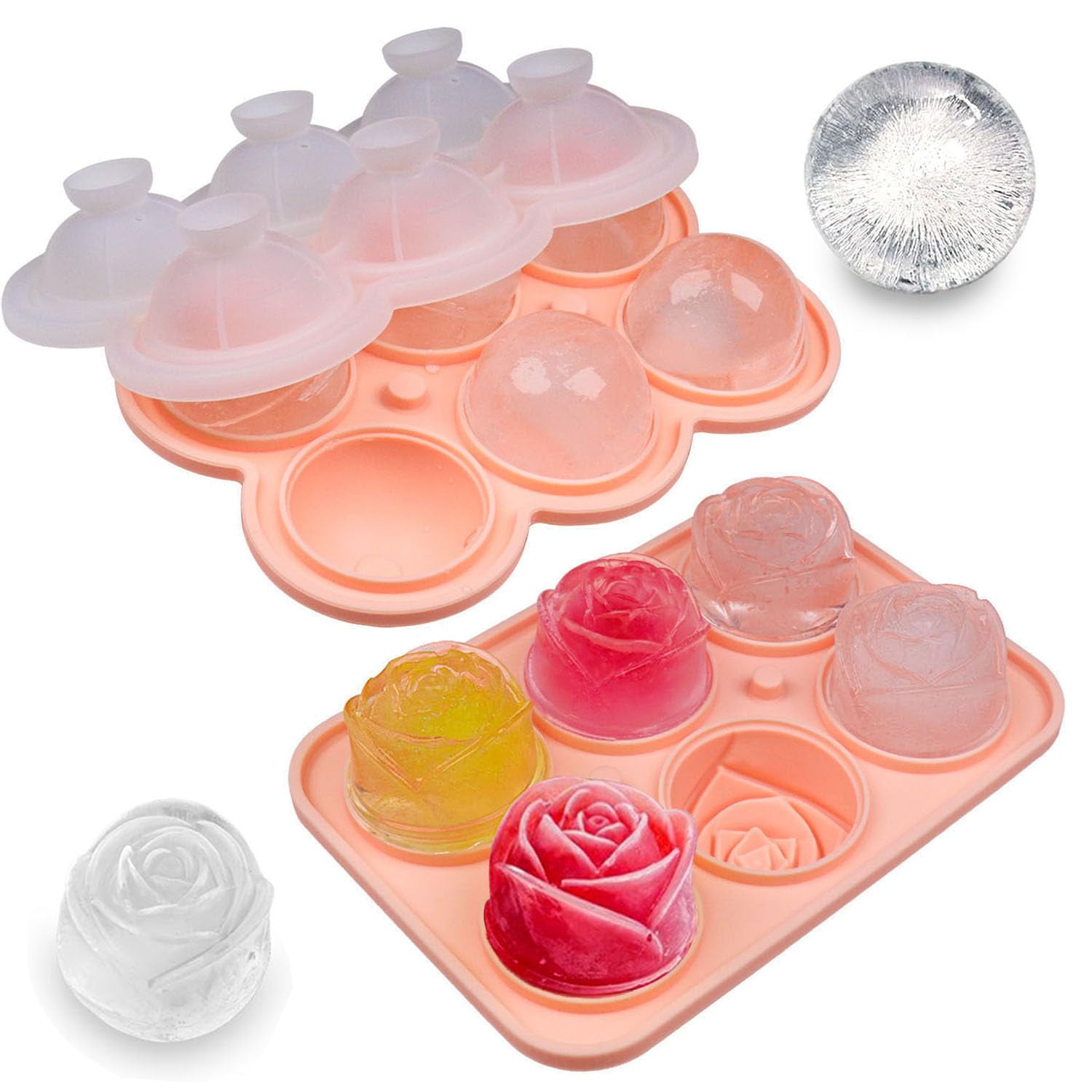 2 Pack Silicone Ice Cube Trays, Pink Rose Ice Cube Mold, Large Sphere ...