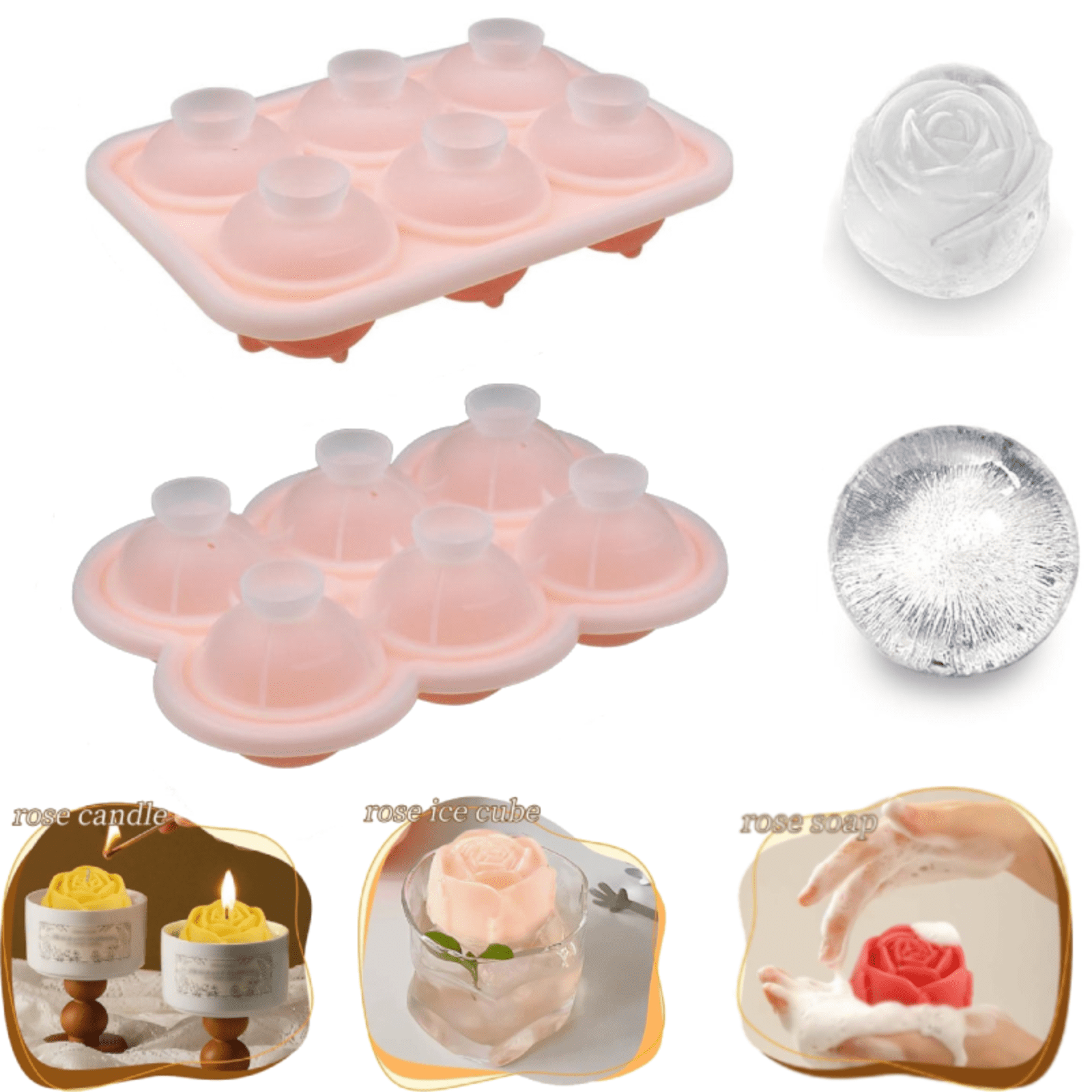 2 Pack Silicone Ice Cube Trays, Pink Rose Ice Cube Mold, Large Sphere ...