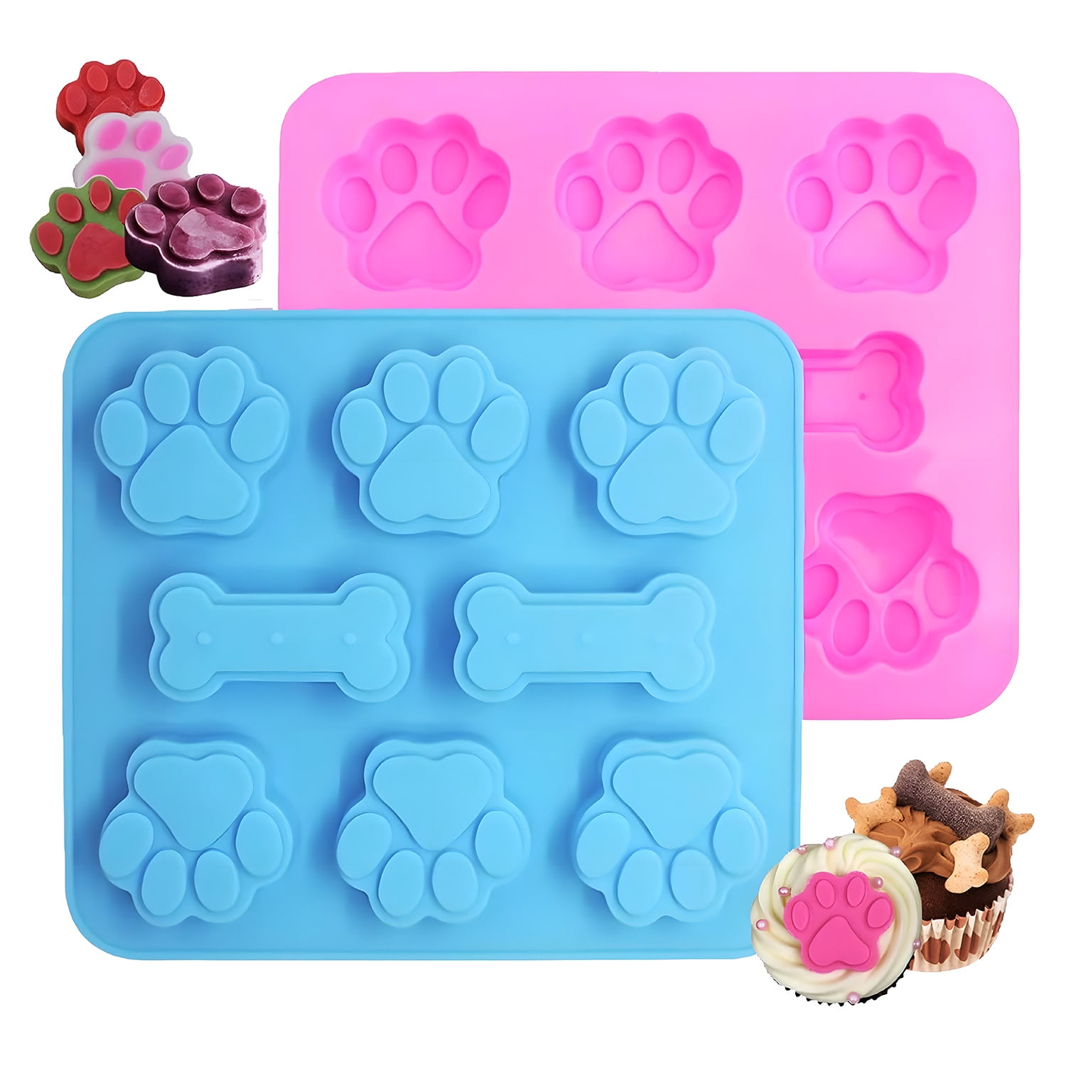 2 Pack Silicone Molds - Puppy Treat Molds - Puppy Dog Paw and Dog Bone ...