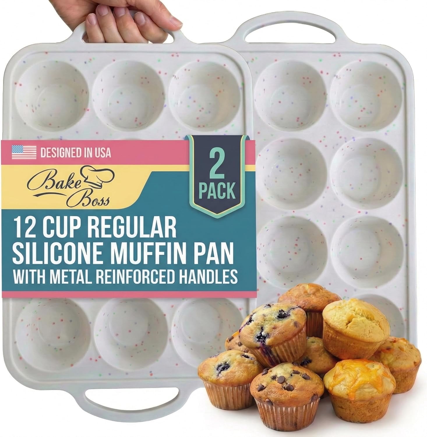 2-Pack Silicone Muffin Pan for Baking with Metal Reinforced Frame -12 ...