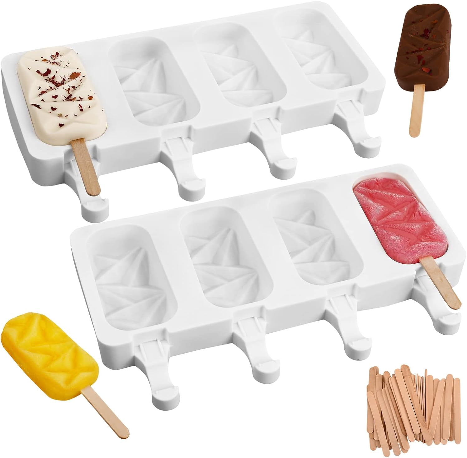 2 Pack Silicone Popsicle Molds, 4 Cavities Diamond Ice Cream Molds with ...