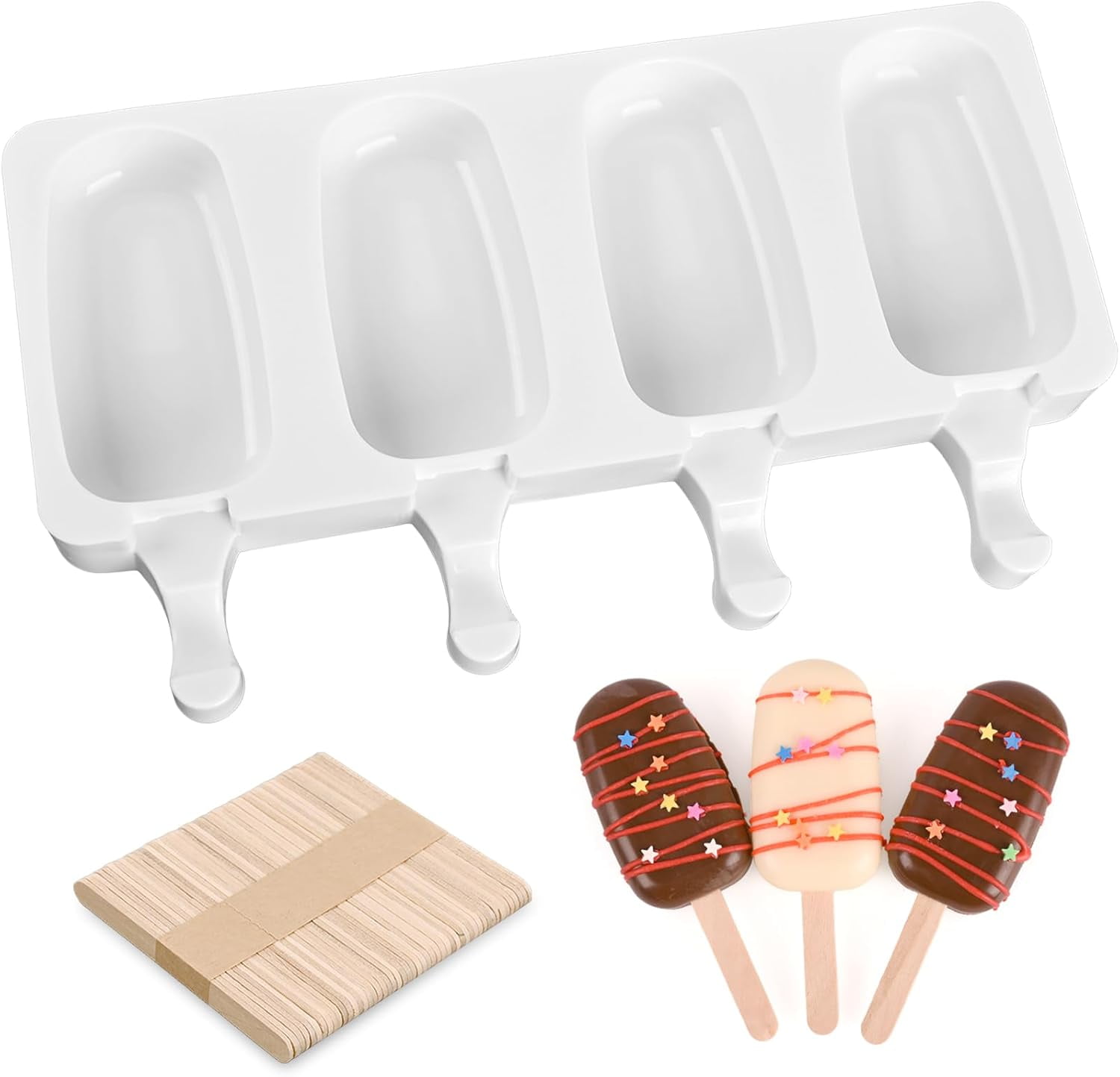 2 Pack Silicone Popsicle Molds, 4 Cavities Diamond Ice Cream Molds with ...