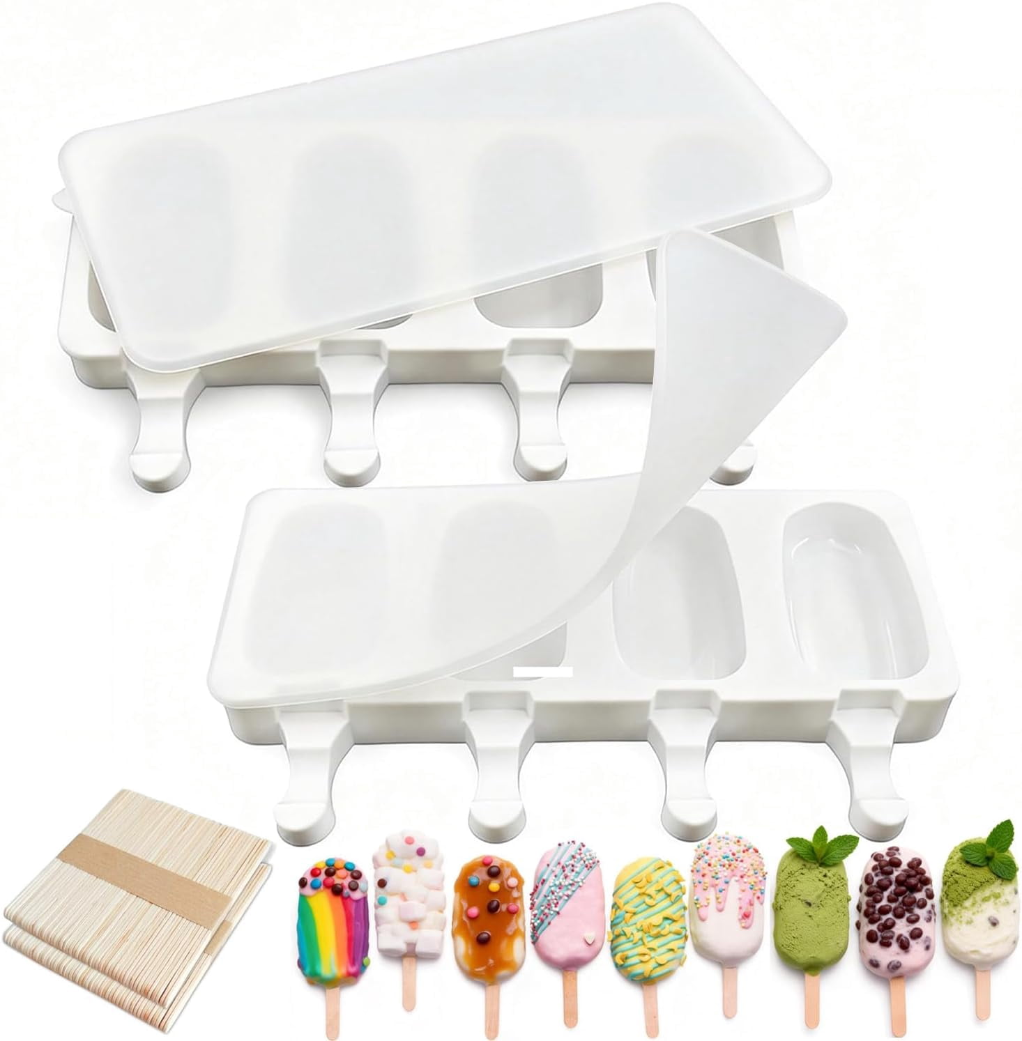 2 Pack Silicone Popsicle Molds, Largre Oval 4 Cavities Homemade Ice Pop ...