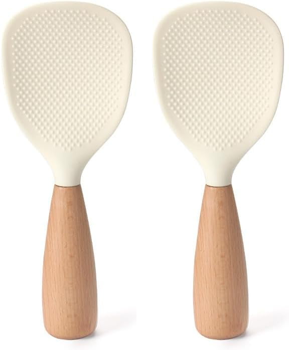 2 Pack Silicone Rice Paddle Spoon with Wood Handle, Nonstick Standing ...