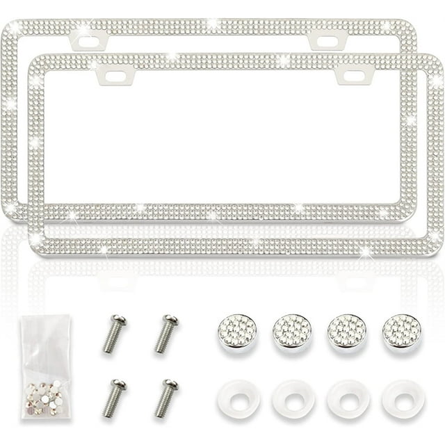 2 Pack Silver Bling Car License Plate Frames for Women, Sparkly Diamond ...