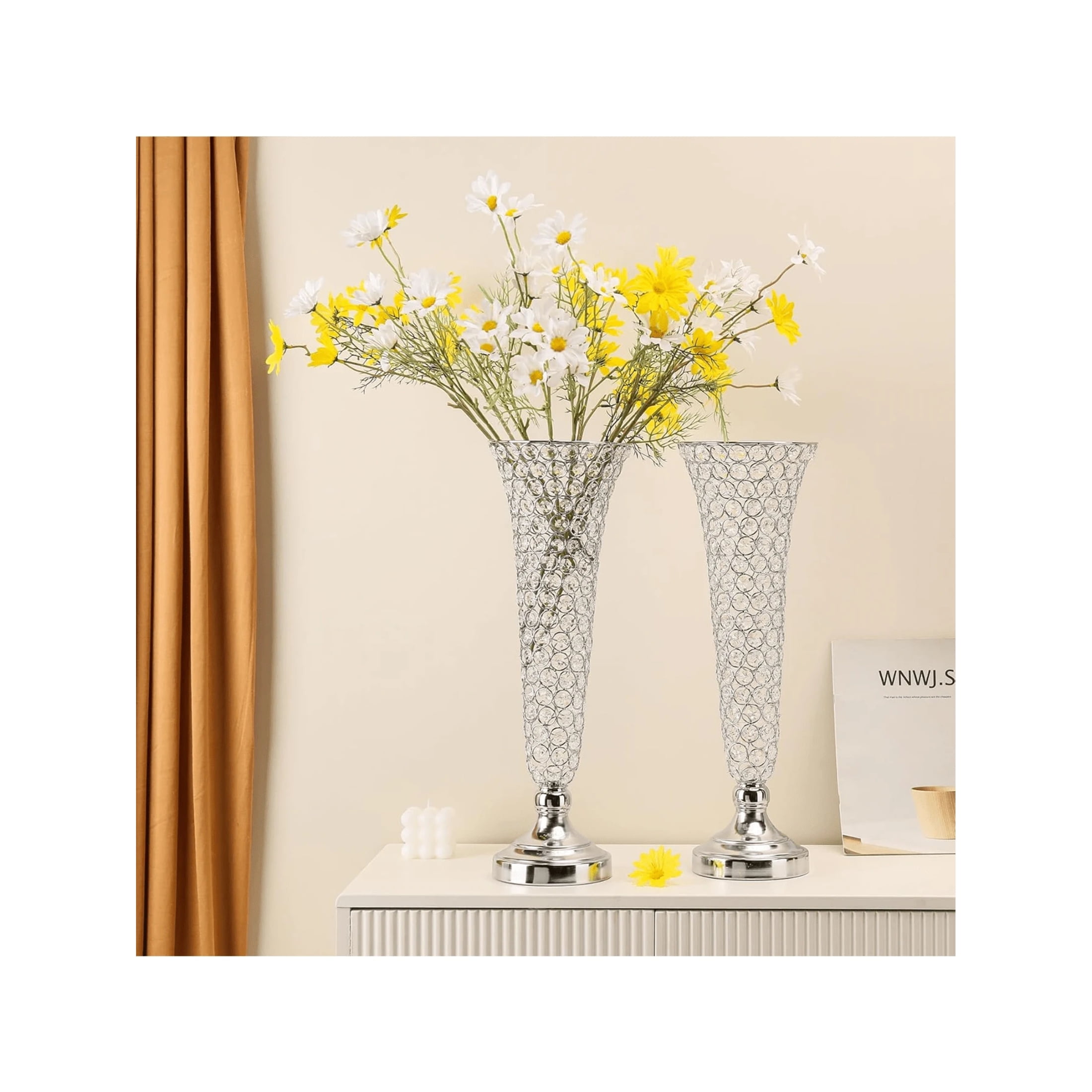 2 Pack Silver Metal Woven Crystal Cone - Shaped Tall Vases for Home ...