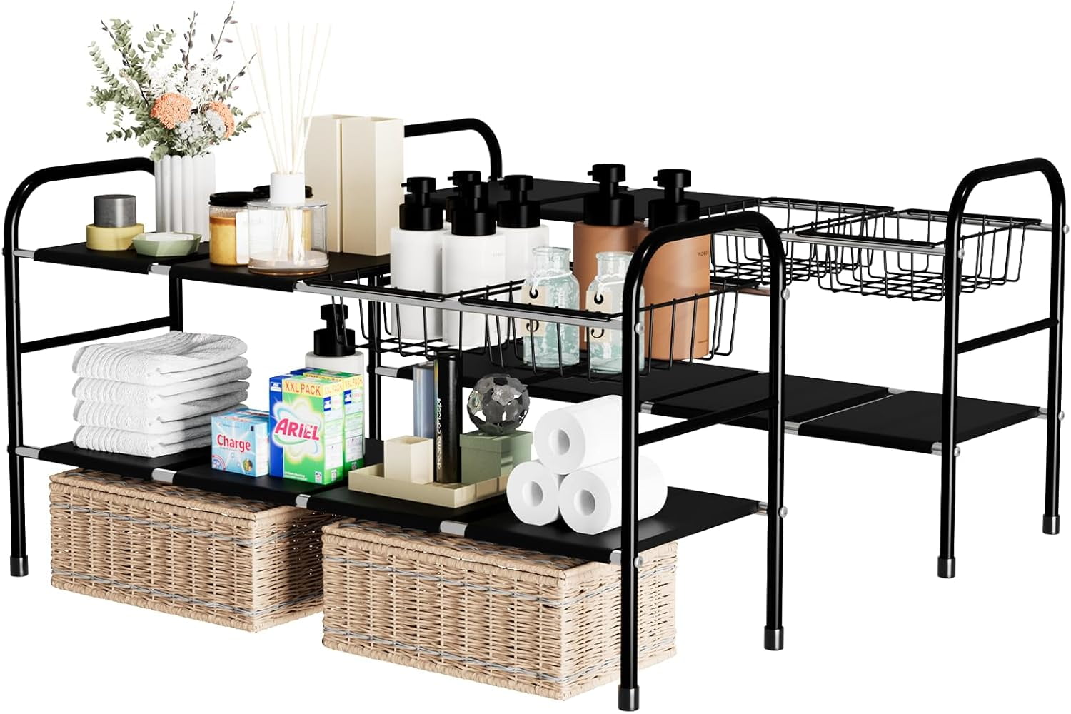 2 Pack Under Sink Organizer, 2 Tier Expandable Black Under Cabinet ...
