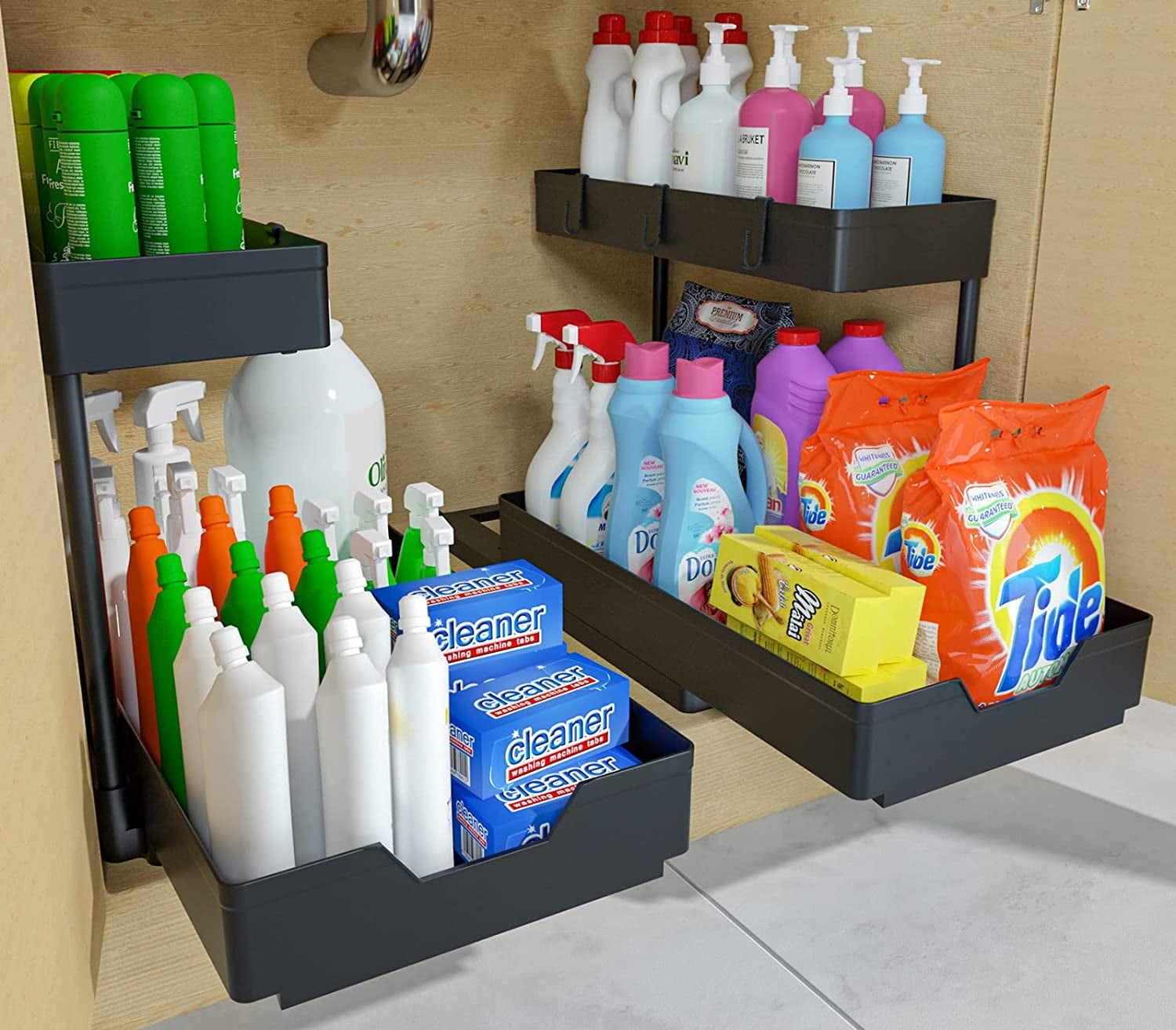 2 Pack Under Sink Organizer 2 Tier Sliding Cabinet Organizers Multi ...