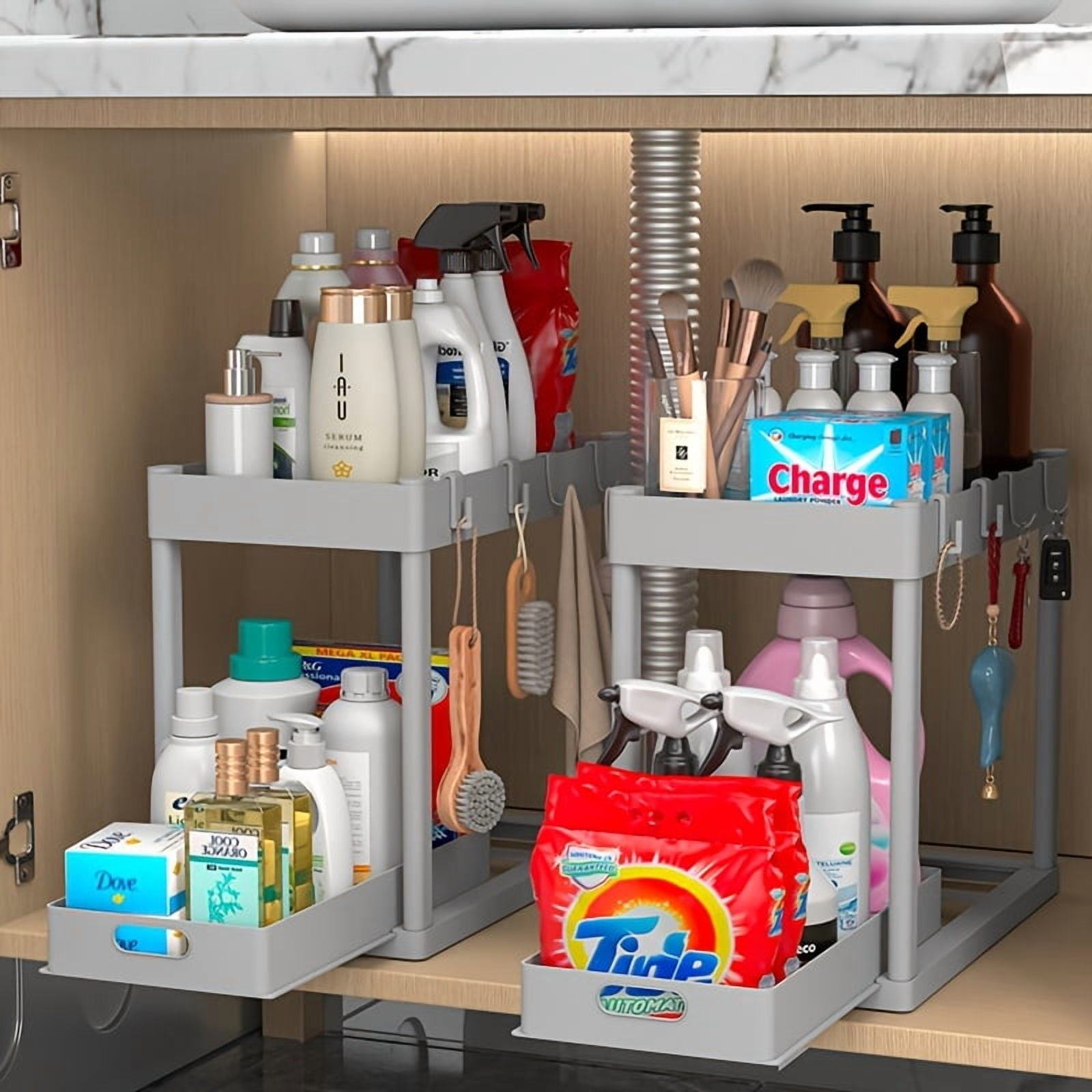 2 Pack Under Sink Organizer with Sliding Shelves | 2-Tier White-Labeled ...