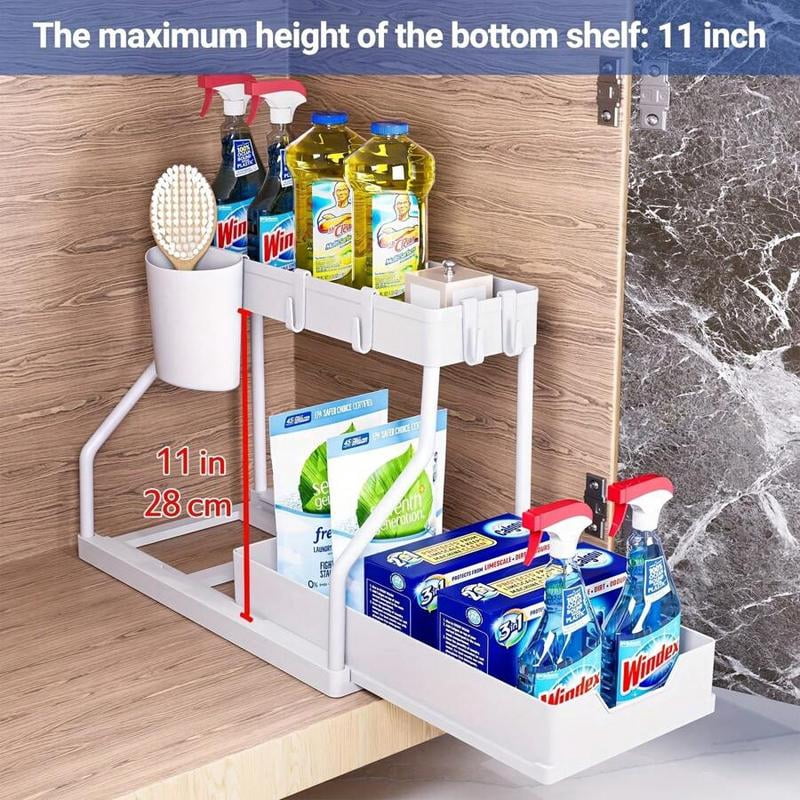 2 Pack Under Sink Organizers Black/White, 2-Tier Large Capacity Pull ...