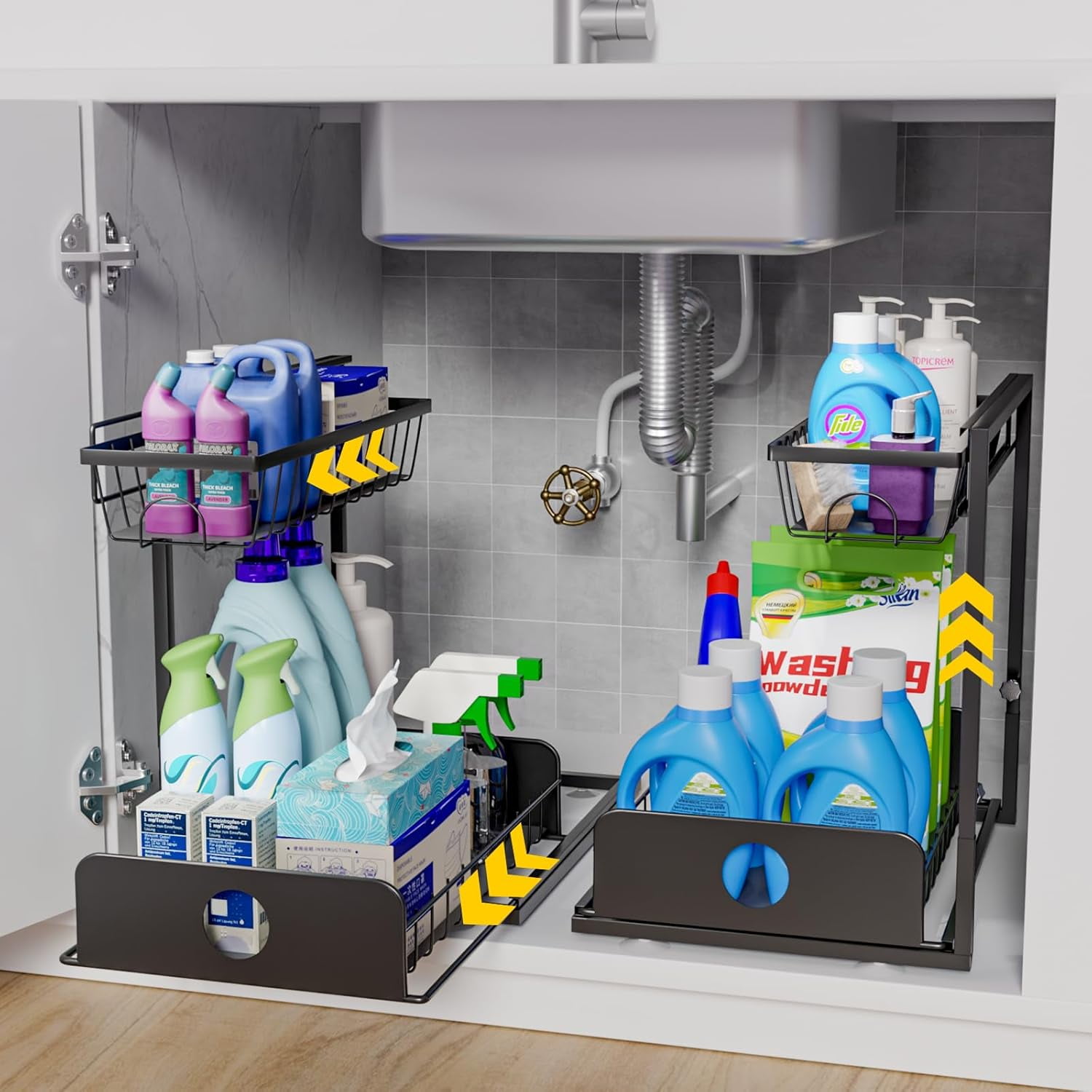 2 Pack Under Sink Organizers, Height Adjustable Under Sink Organizers ...