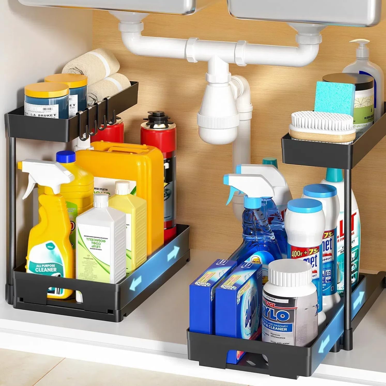 2 Pack Under Sink Organizers and Storage, 2 Tier L-Shape Pull Out Under ...