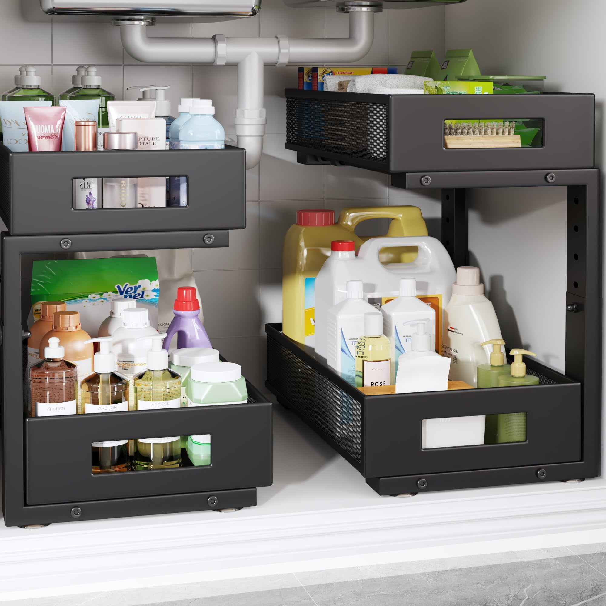 2-Pack Under Sink Organizers And Storage,Large Capacity 2-Tier Pull-Out ...