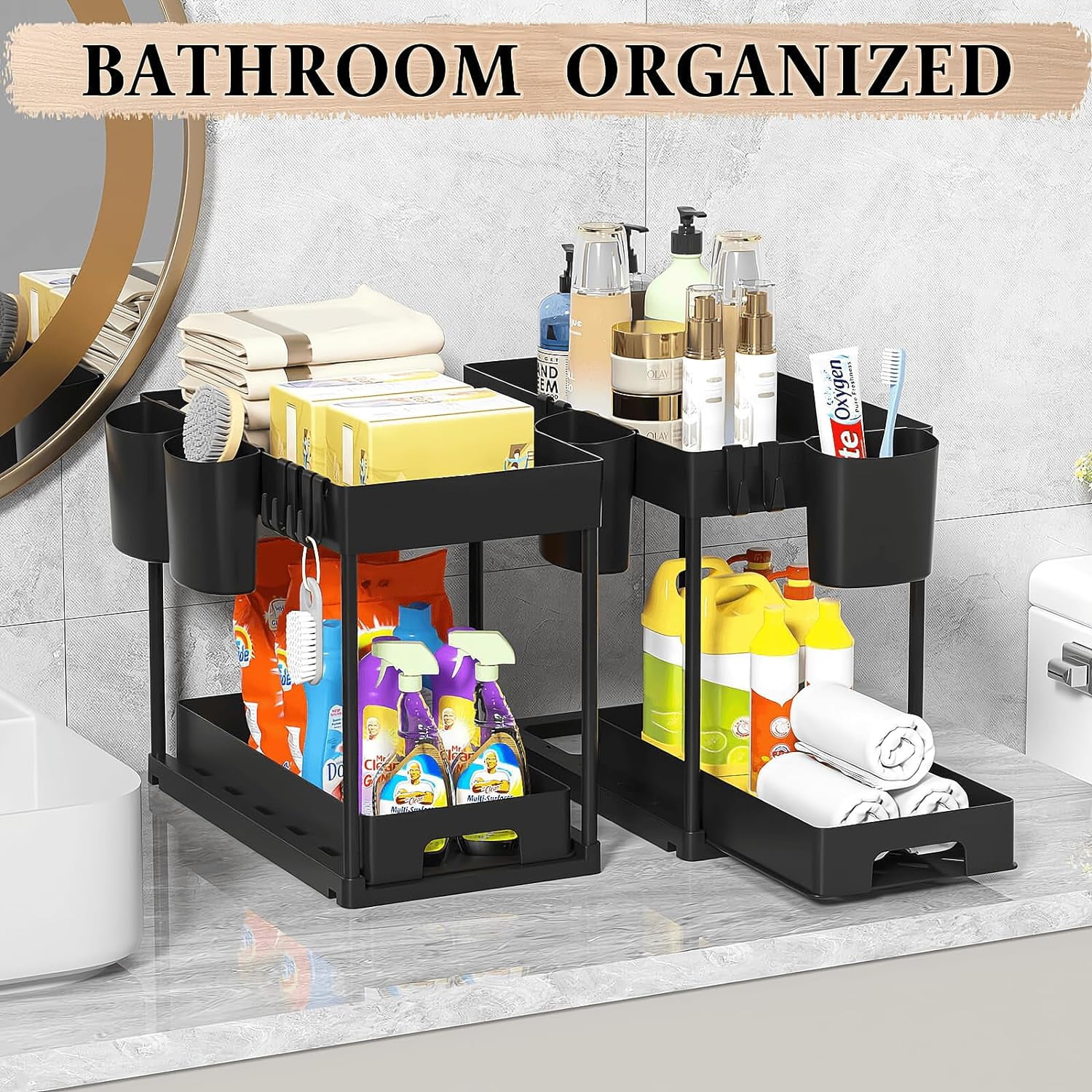 2 Pack Under Sink Organizers kitchen 2 Tier Pull Out Sliding Drawers ...